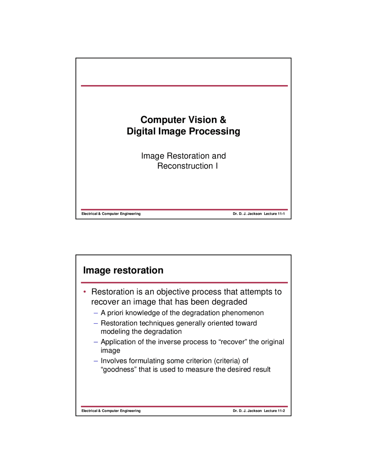 Image Restoration-Digital Image Processing-Lecture 11 Slides Slides-Electrical and Computer ...