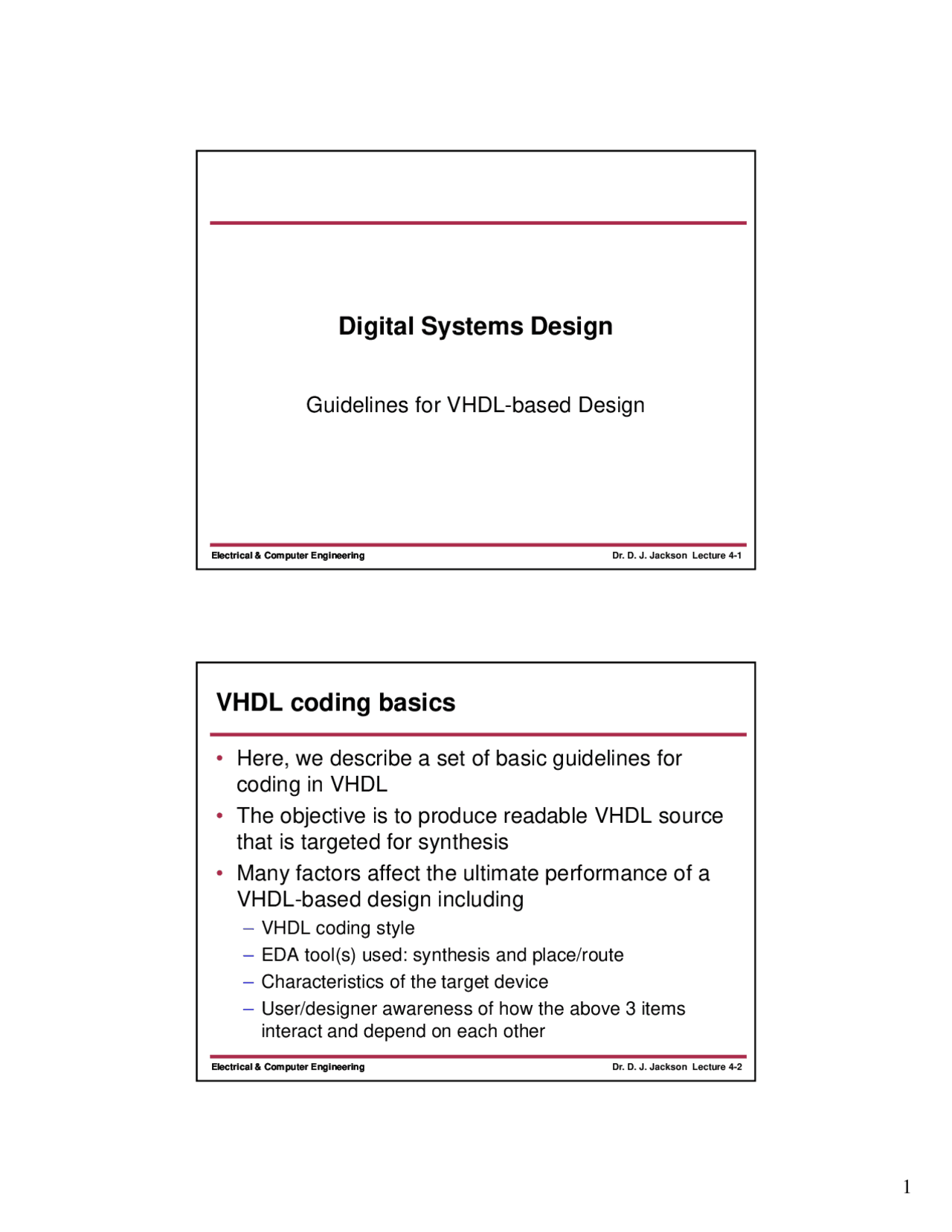 Guidelines For Vhdl Based Design Digital Systems Design Lecture 04