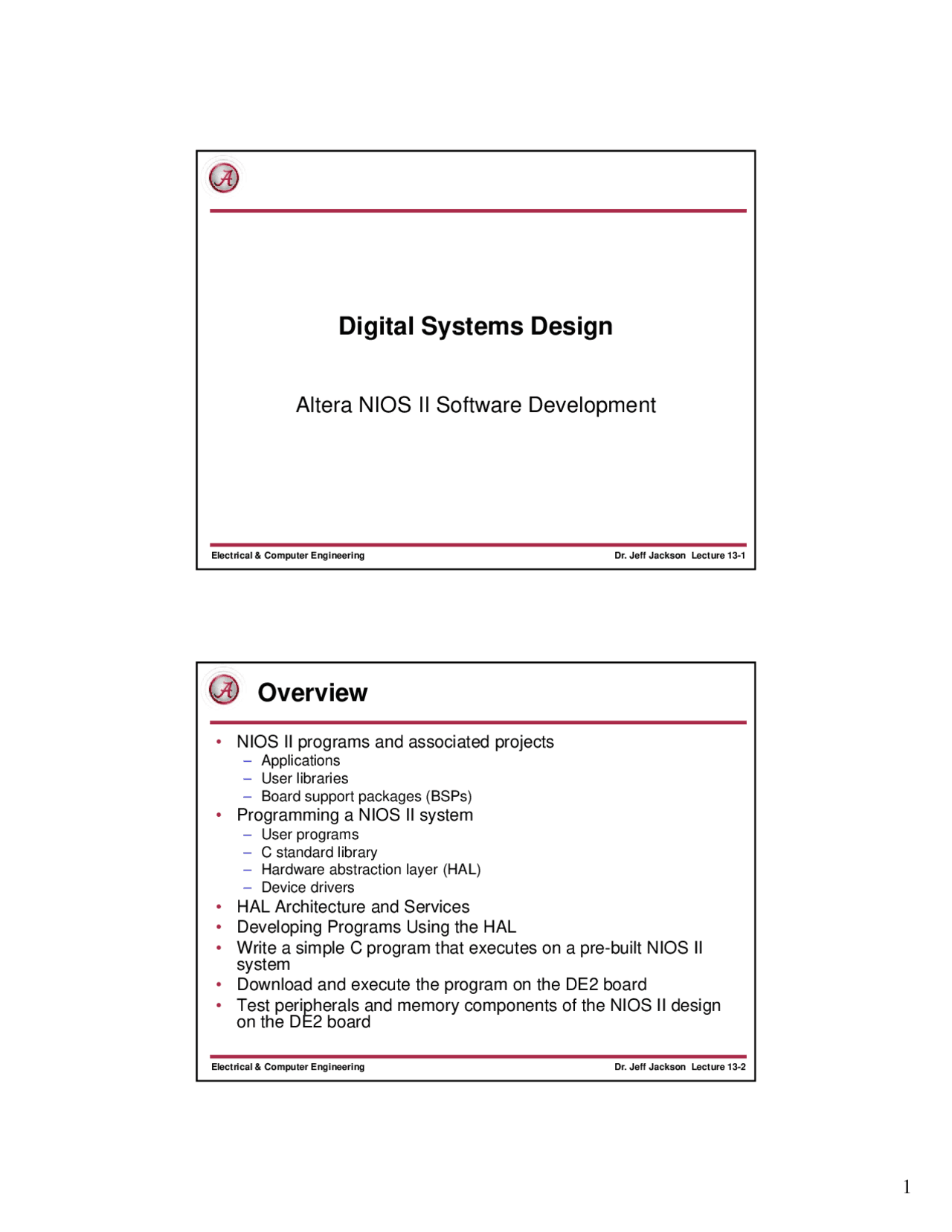 Altera Nios Ii Processor Embedded Systems Lecture 13 Slides Digital