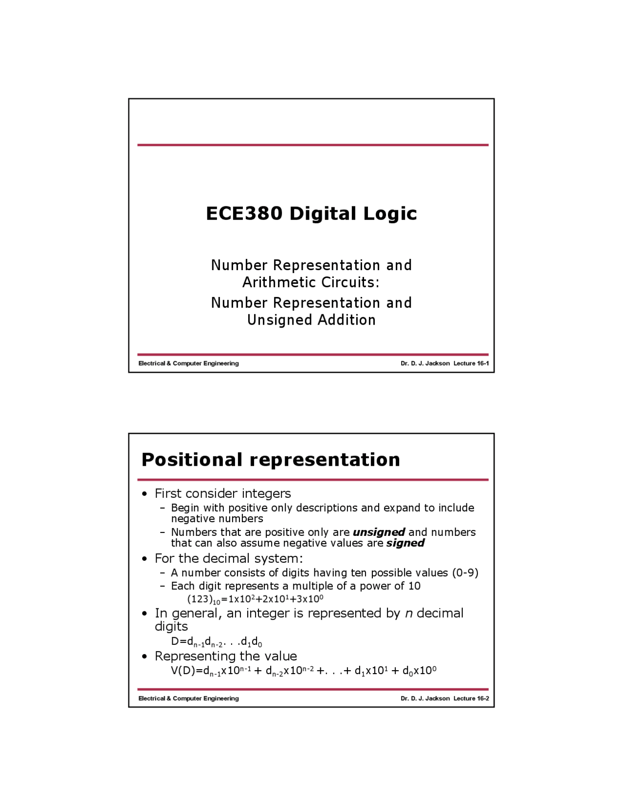 Number Representation-Digital Logic-Lecture 16 Slides-Electrical and Computer Engineering - Docsity