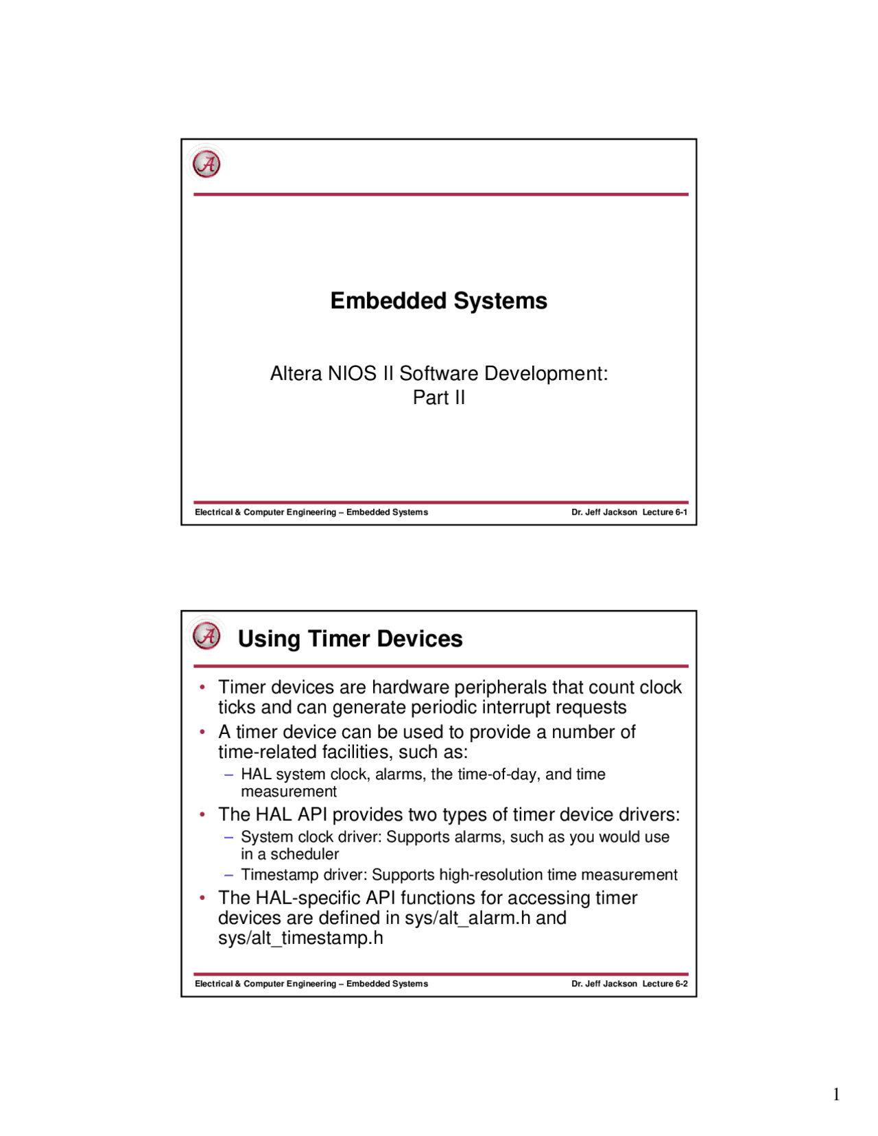 Altera Nios Ii Processor Embedded Systems Lecture 06 Slides Electrical And Computer Engineering