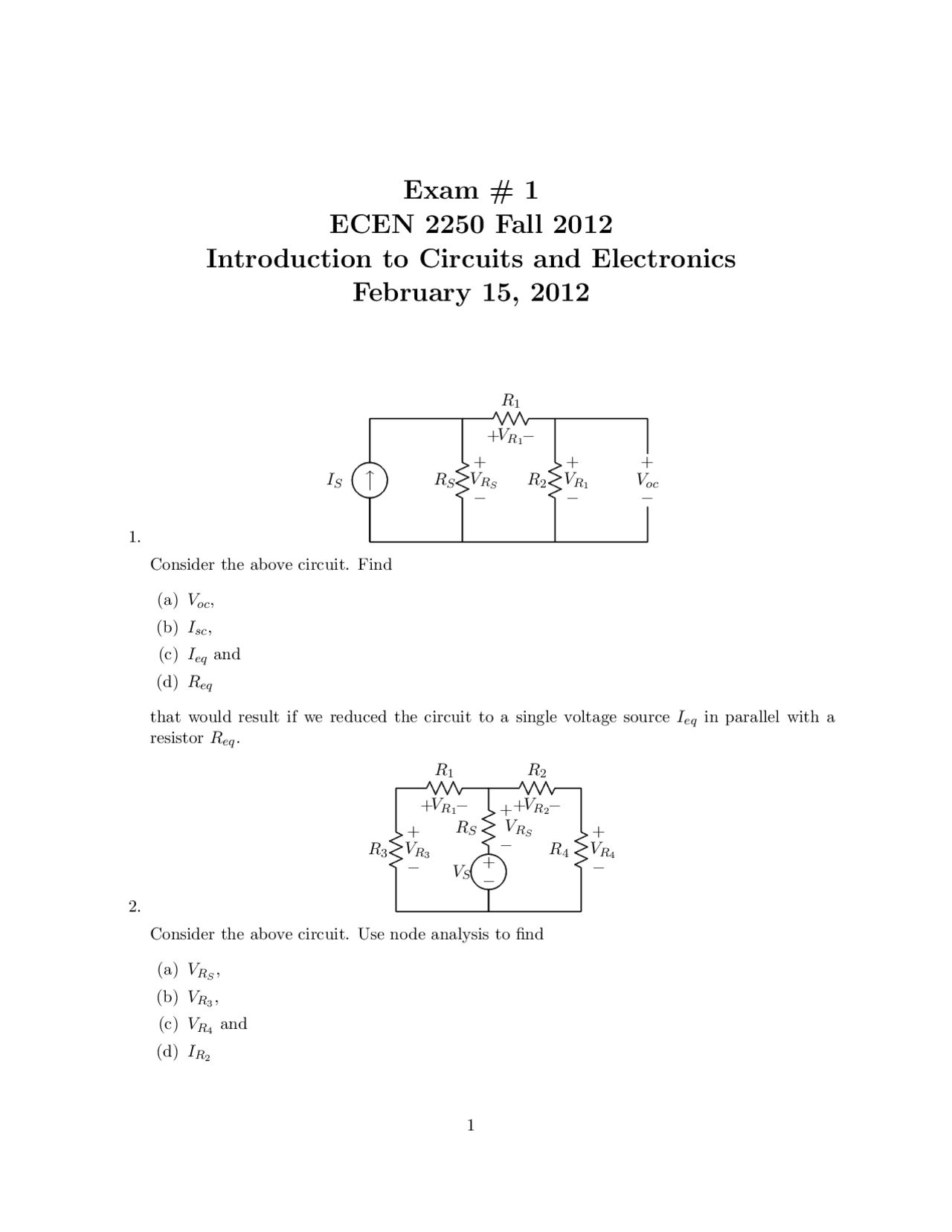 Exam 1 Problems Introduction To Circuits And Electronics Ecen 2250
