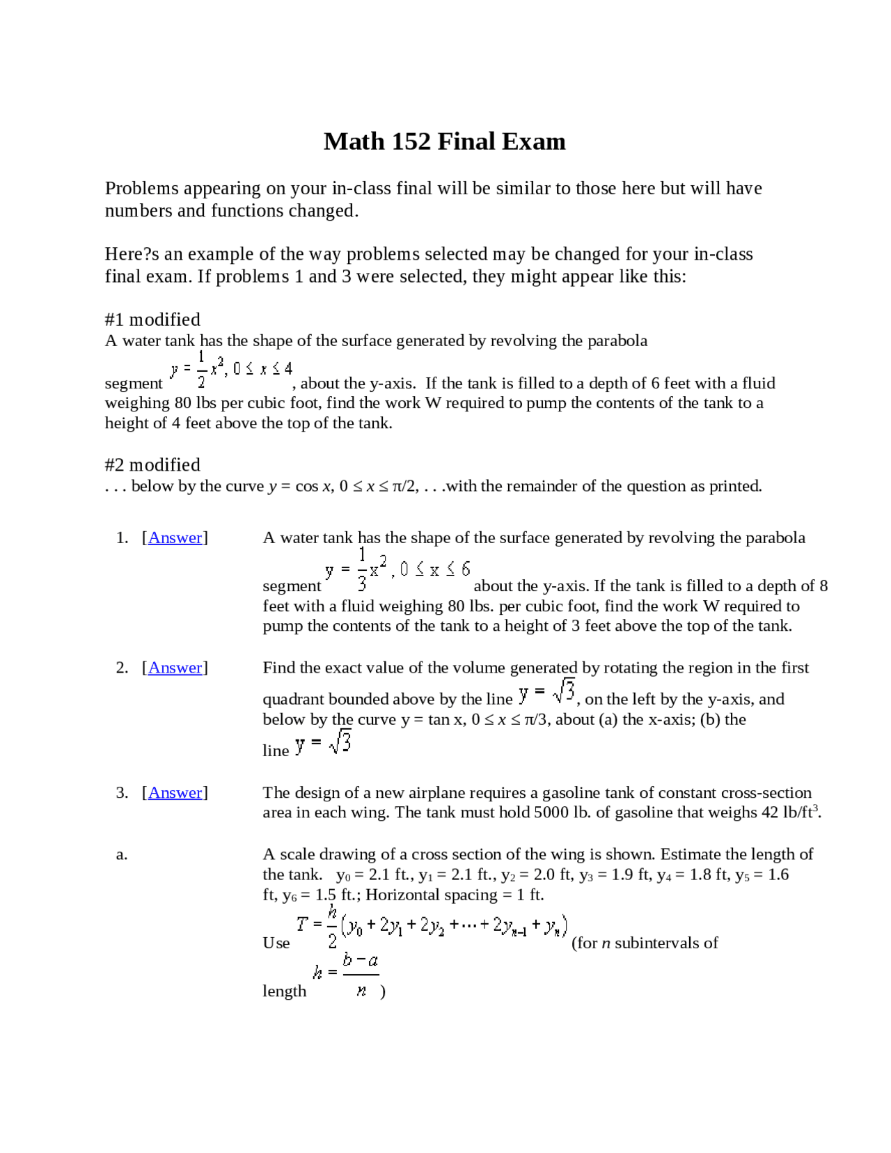 Final Exam With Answers Calculus Ii Math 152 Docsity