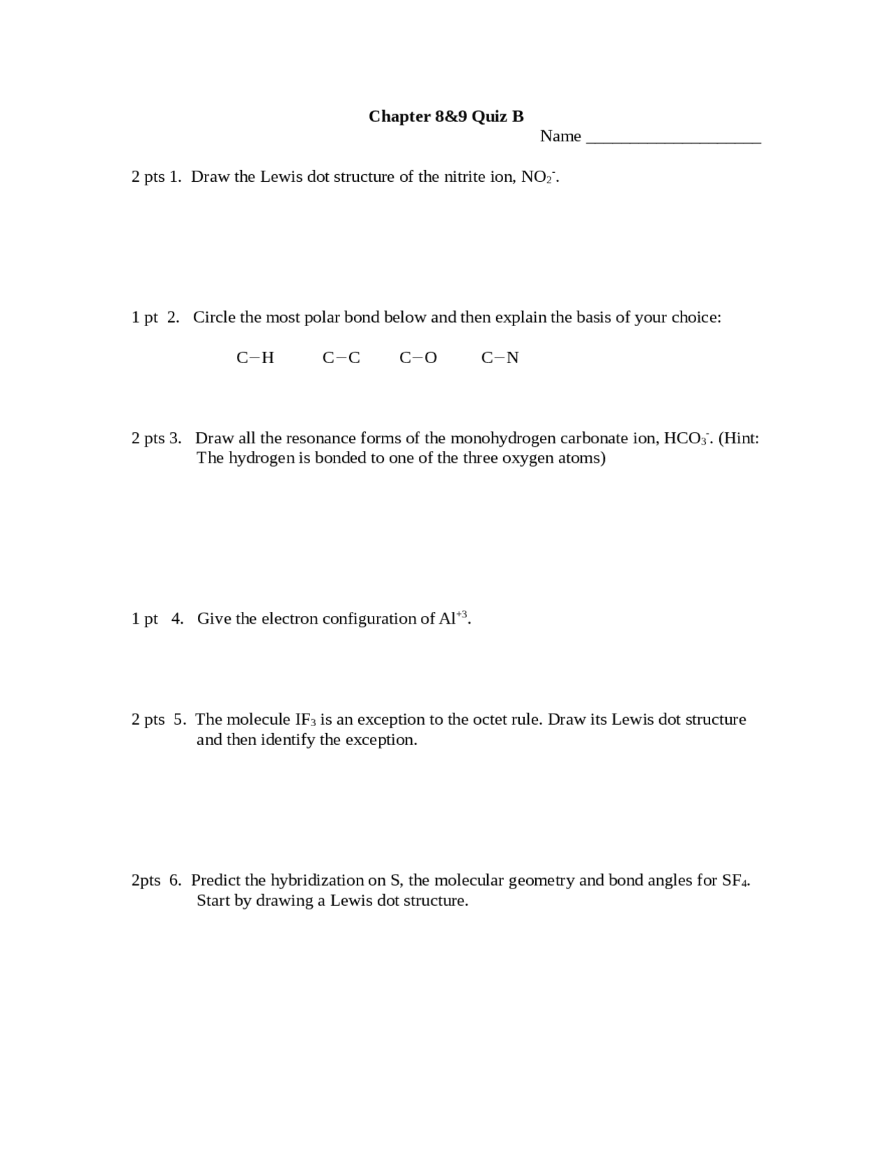 Draw The Lewis Dot Structure Quiz B Chem 151 Docsity