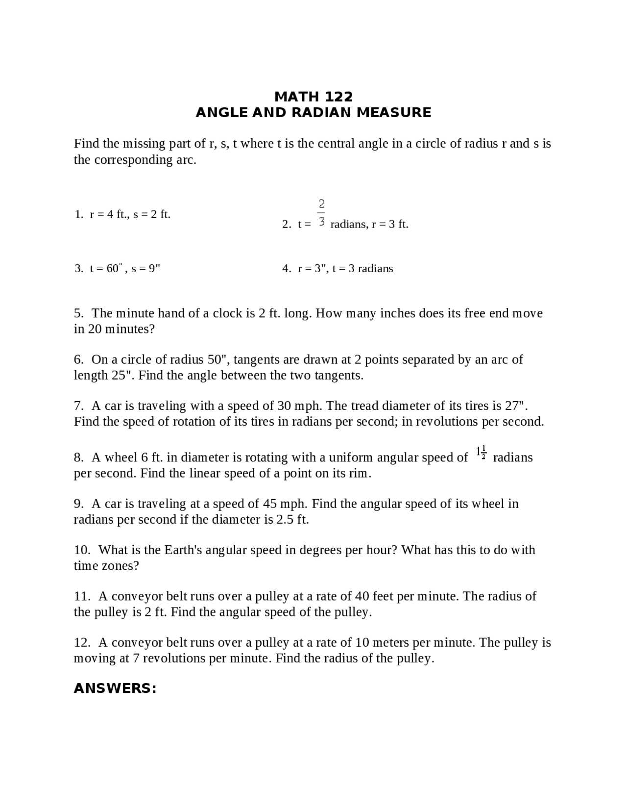 Precalculus I - Radian Measure Practice Worksheet | MATH 122 - Docsity