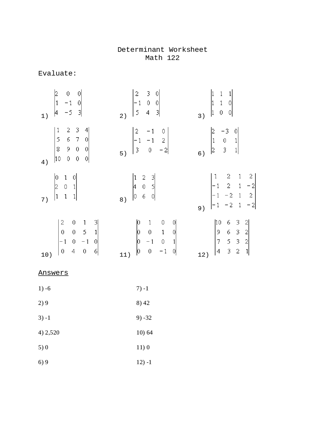 Precalculus II - Determinant Practice Worksheet | MATH 122 - Docsity