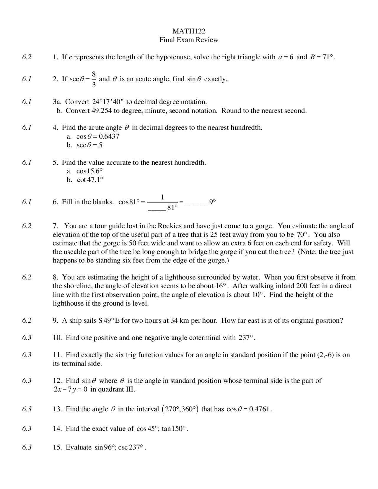 Final Examination Review Sheet Precalculus Ii Math 122 Docsity