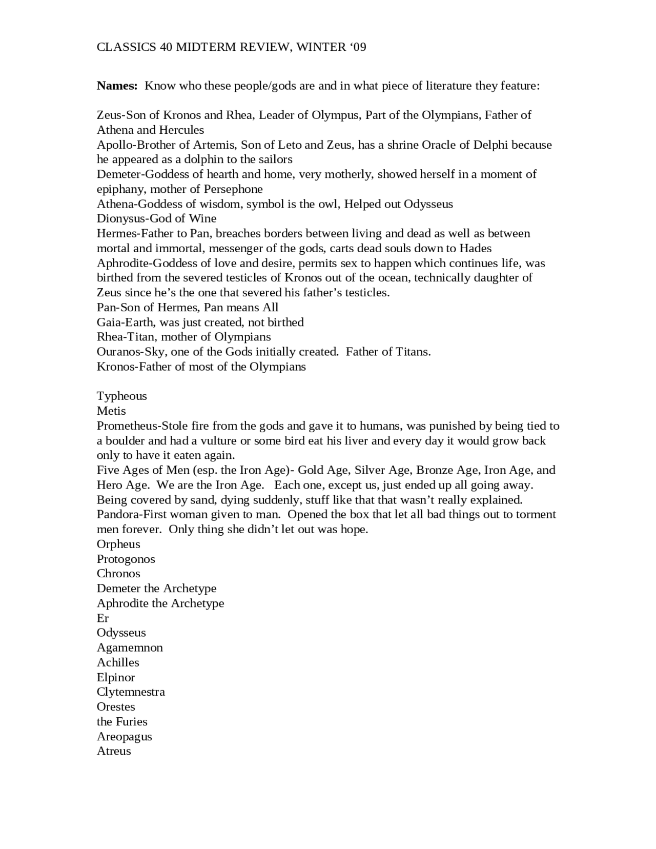 Midterm Review for Greek Mythology | CLASS 40 - Docsity