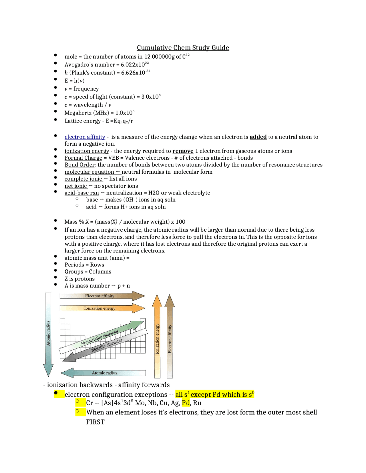 Cumulative Study Guide - Chemistry Fundamentals I | CHEM 131 - Docsity