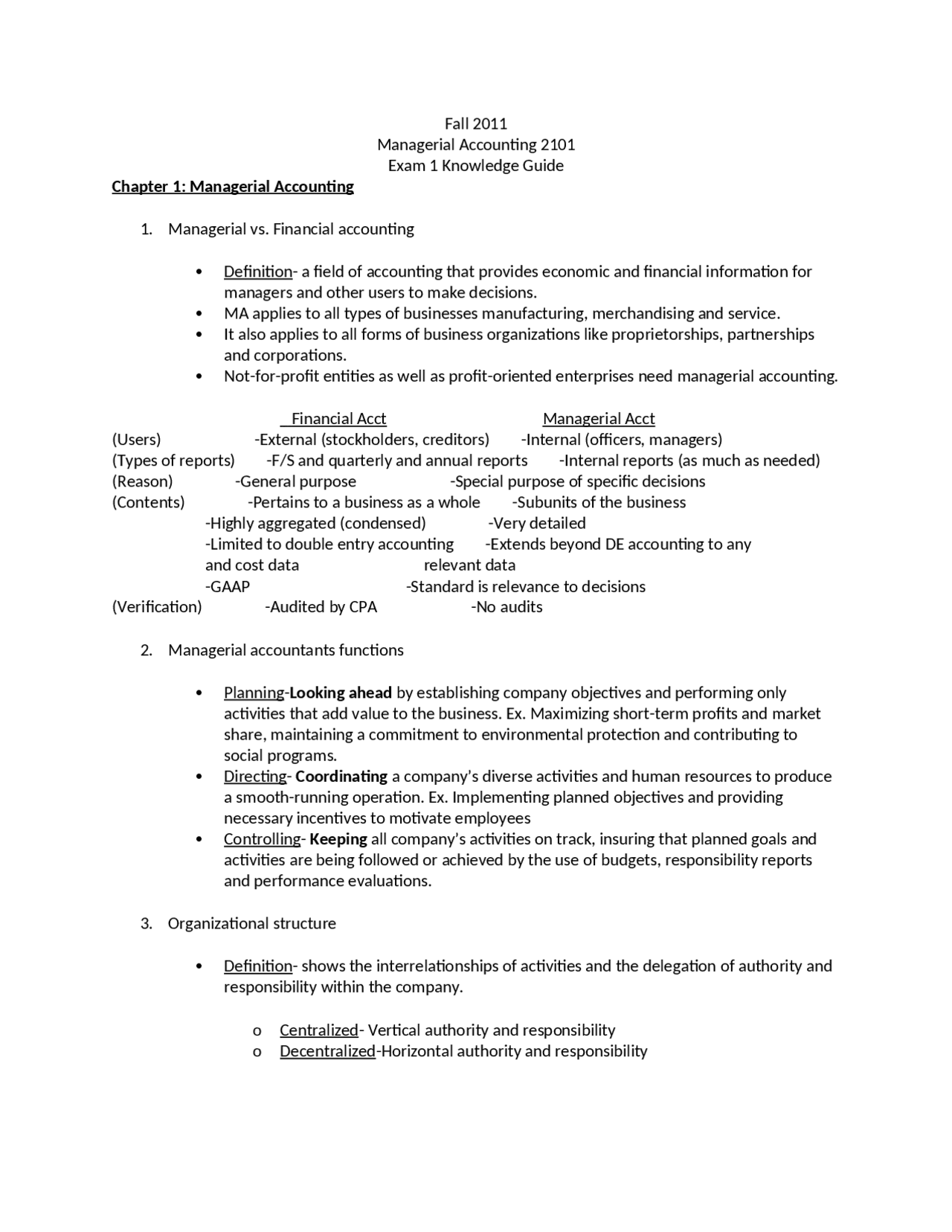 Exam 1 Study Guide | Introduction to Managerial Accounting | ACCT 2101 ...