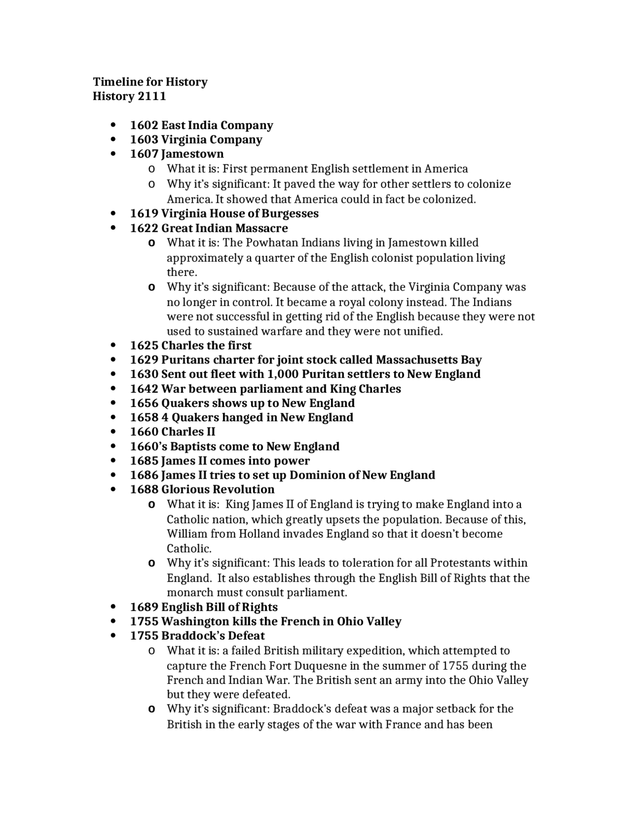 Timeline for history: from 1602 to 1787, a complete resume | HIST 2111 ...