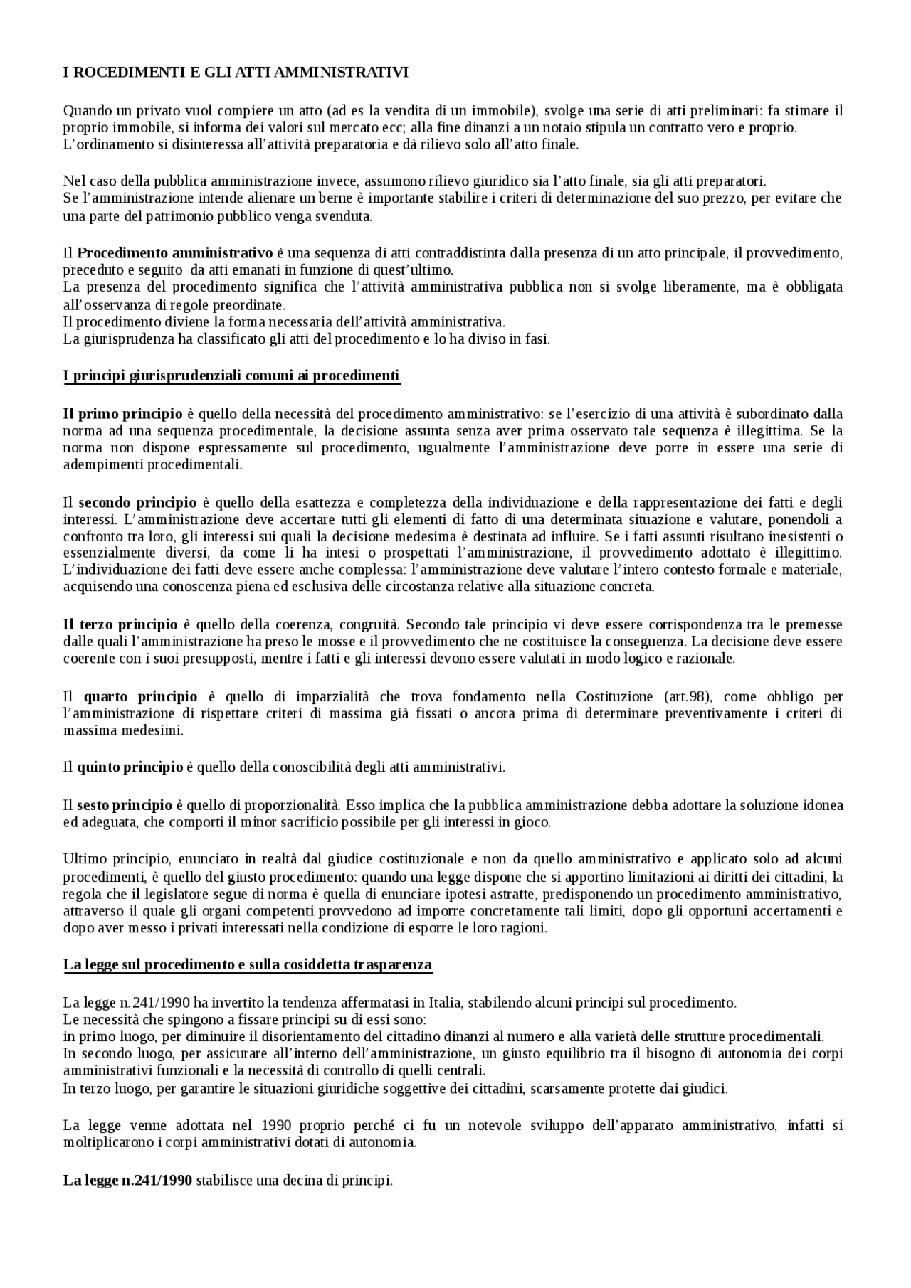 I PROCEDIMENTI E GLI ATTI AMMINISTRATIVI - Docsity