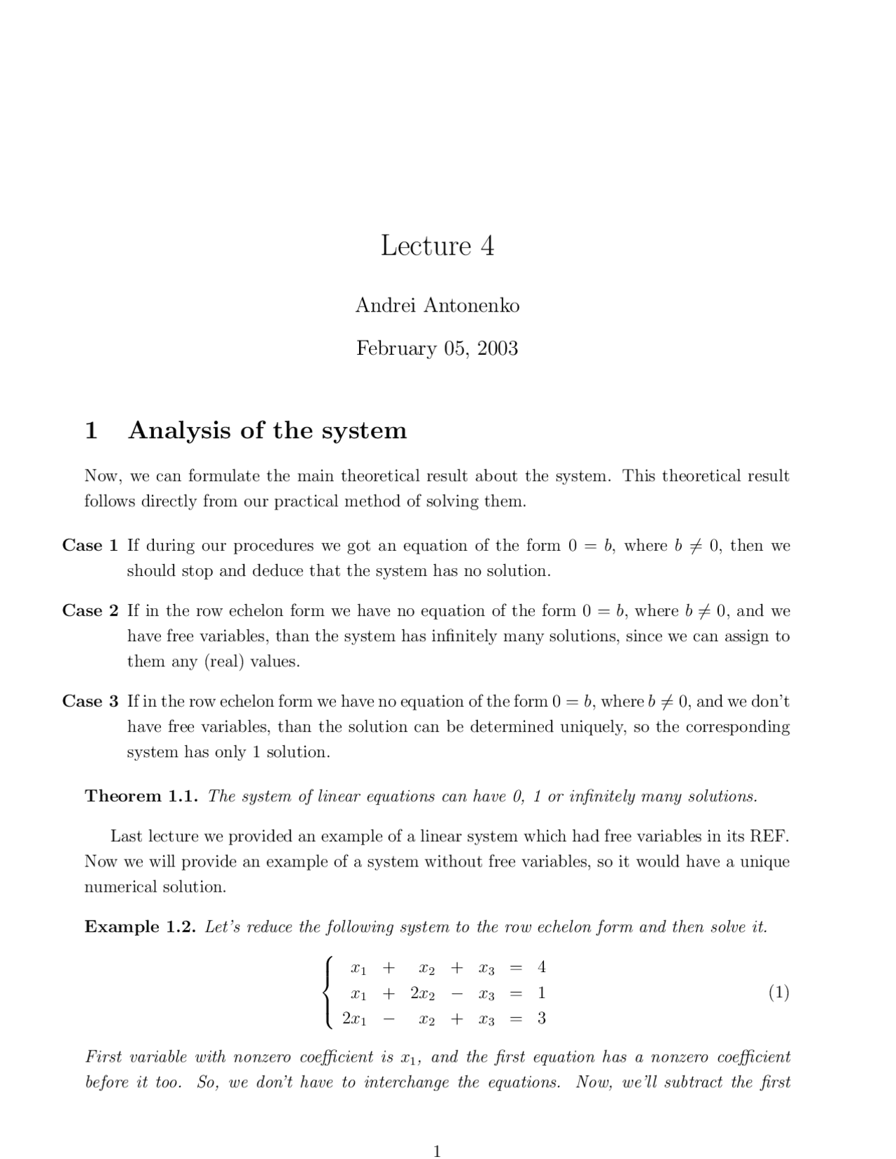 Analysis Of The System Linear Algebra Lecture 04 Notes Applied Math And