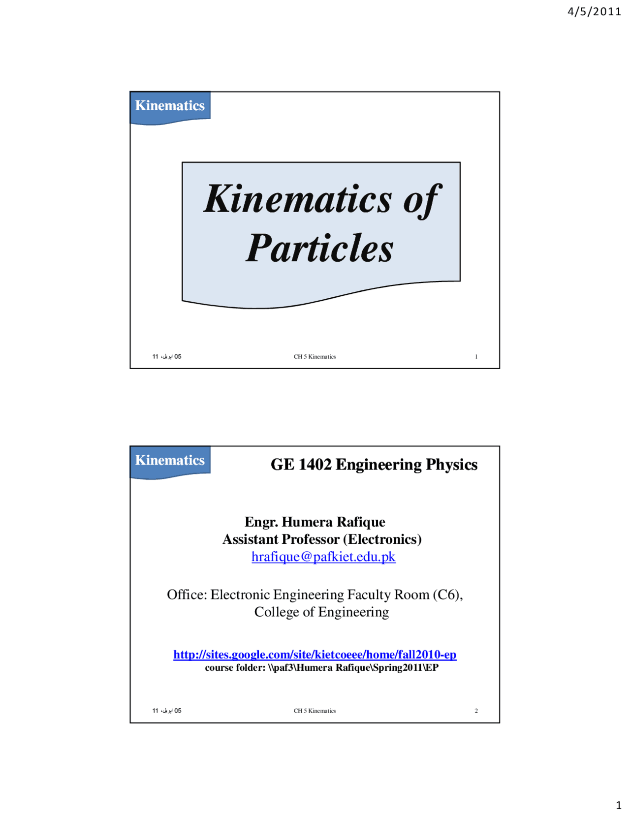 Kinematics Of Particles Engineering Physics Lecture 05 Slides Physics