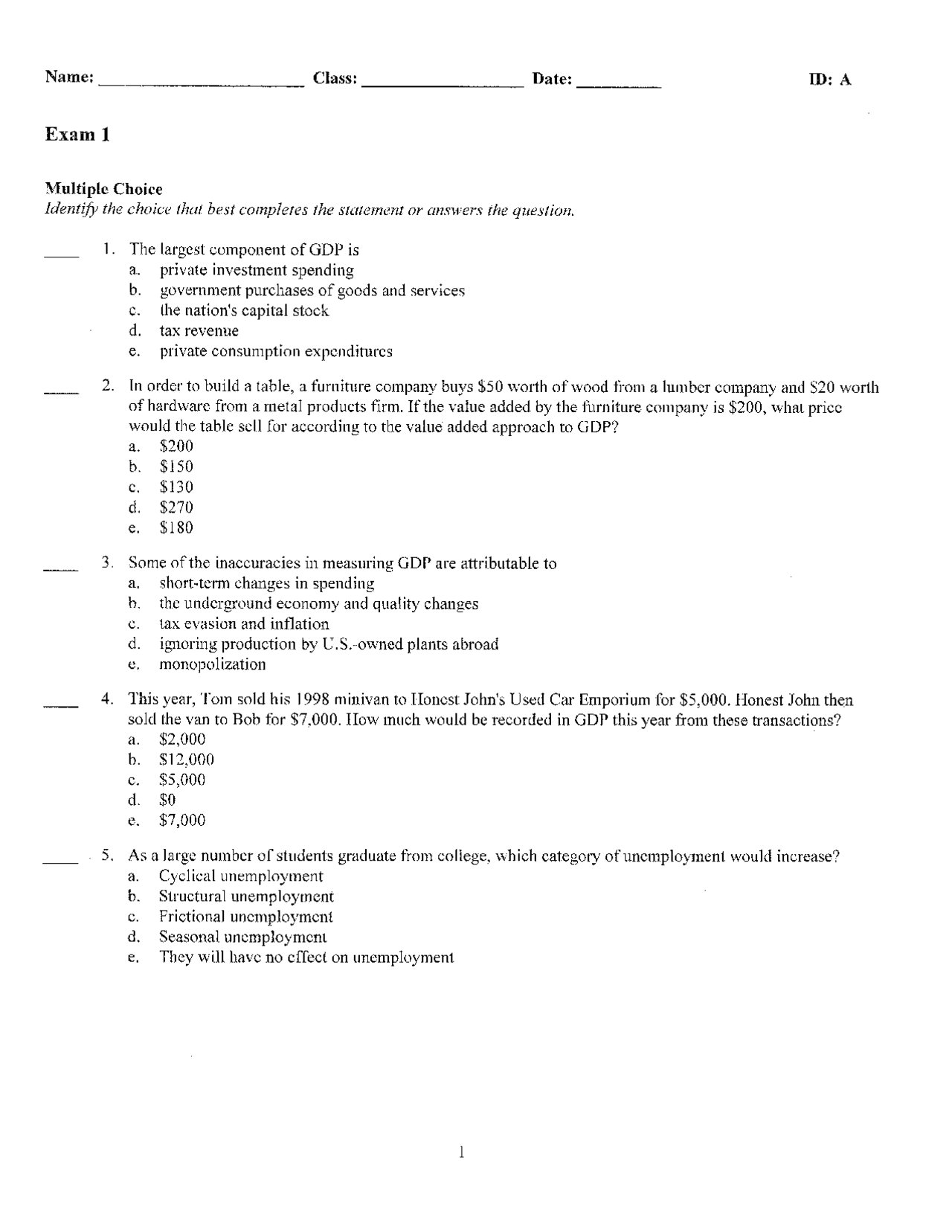 Multiple Choice Questions on Principles of Microeconomics - Exam 1 ...