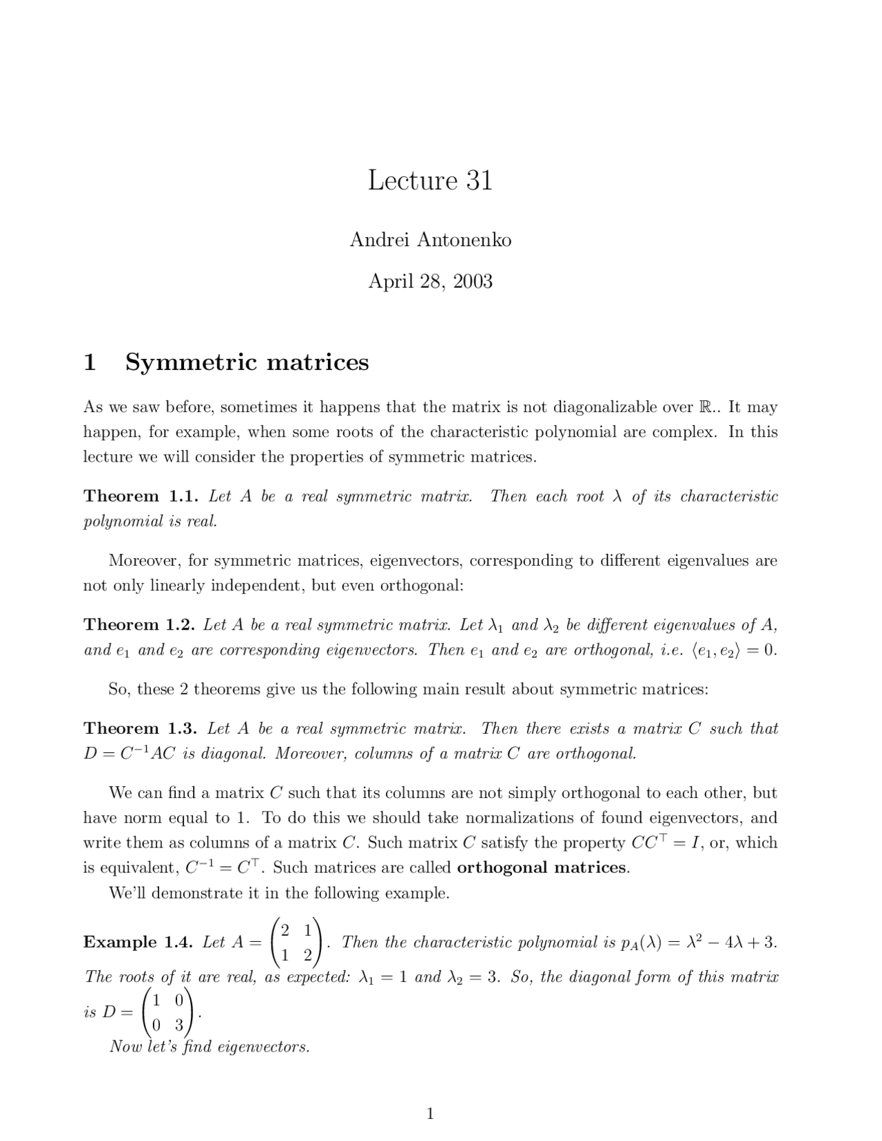 Symmetric Matrices Linear Algebra Lecture 32 Notes Applied Math And