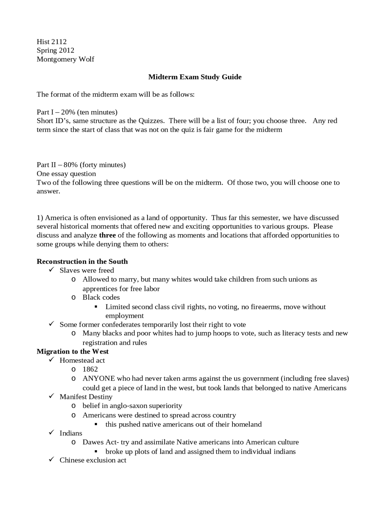 Study Guide Midterm Exam - American History Since 1865 | HIST 2112 ...