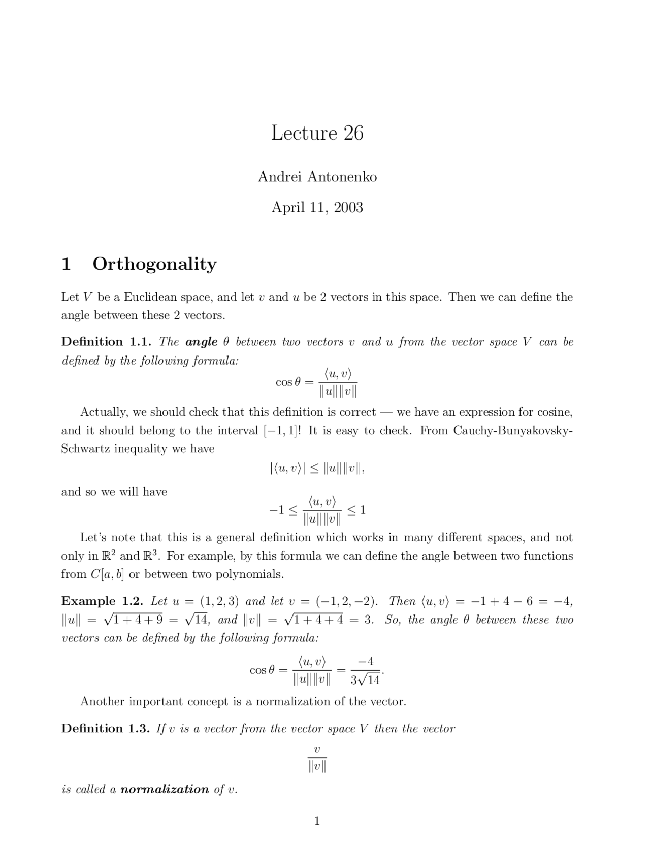 Orthogonality Linear Algebra Lecture 27 Notes Applied Math And Statistics Docsity