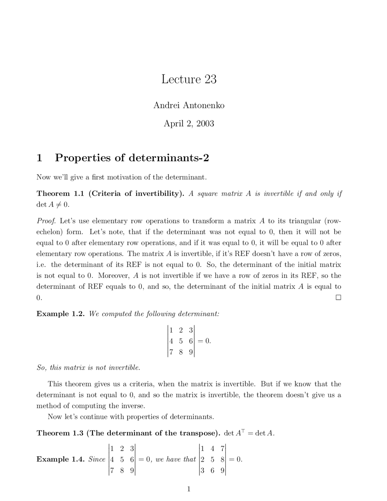Properties Of Determinants Linear Algebra Lecture 23 Notes Applied Math