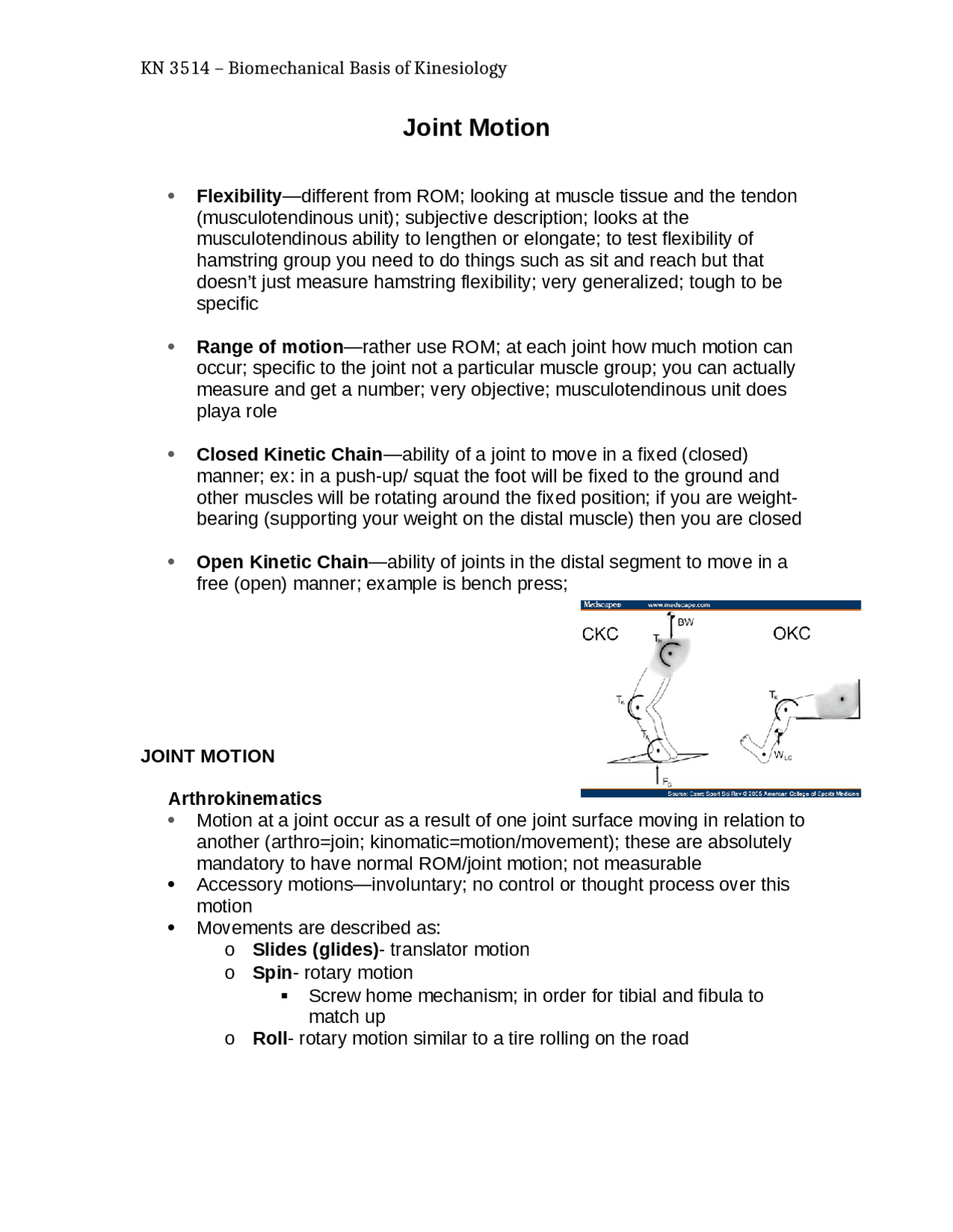 Joint Motion - Biomechanical Basis of Kinesiology | KIN 3514 - Docsity