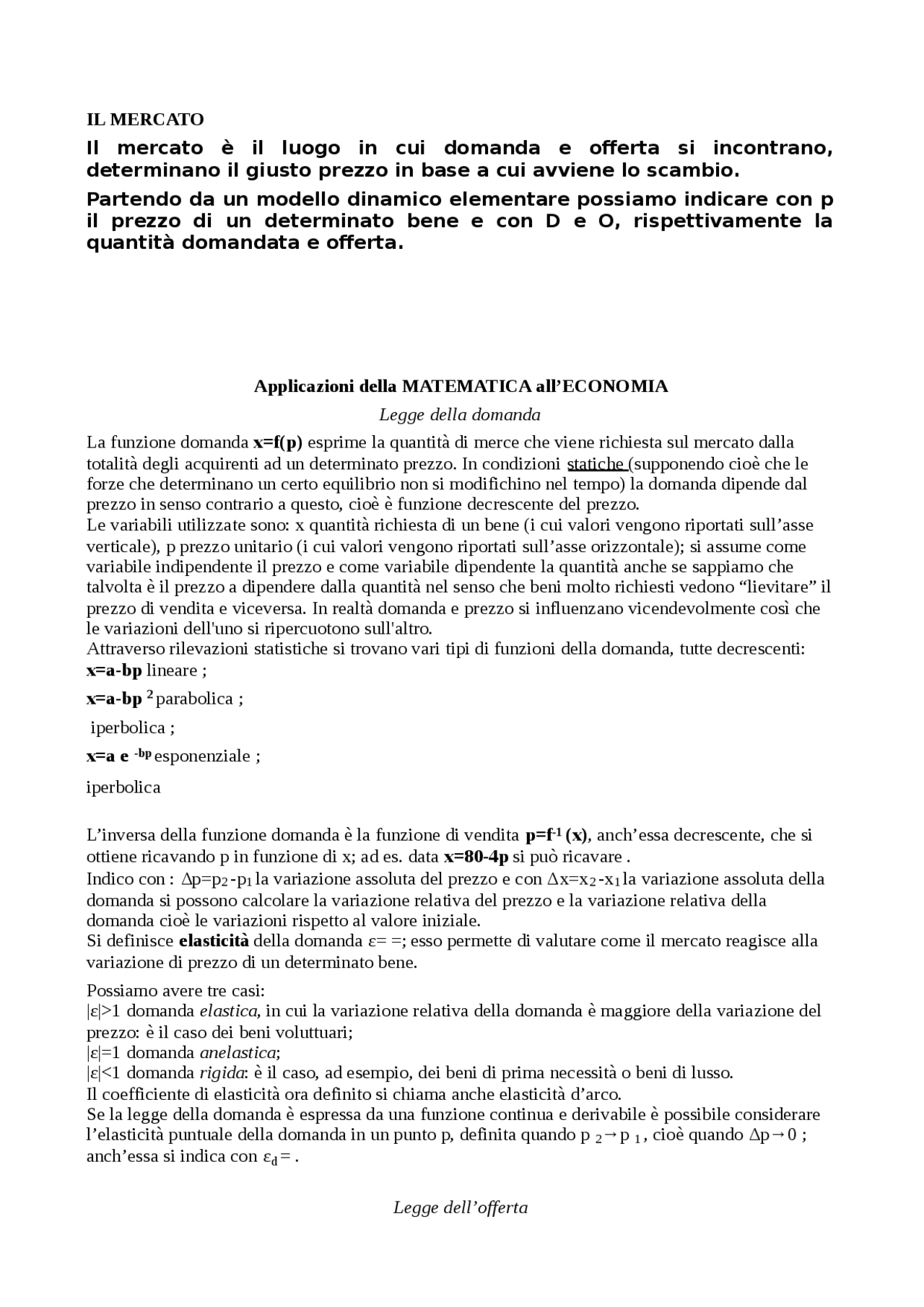 IL MERCATO (FUNZIONI DI DOMANDA E OFFERTA) - Docsity