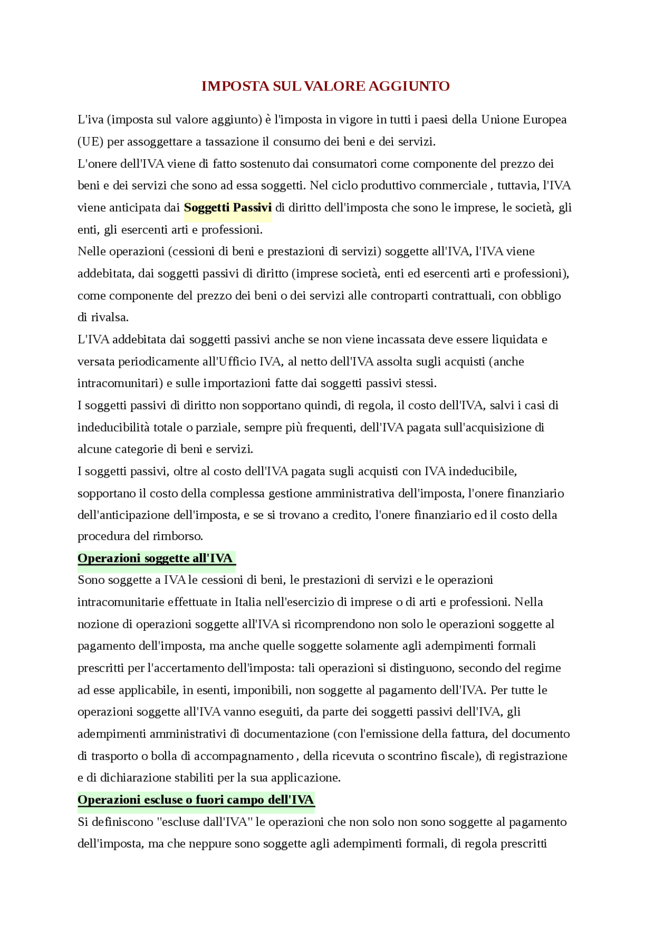 Imposta Sul Valore Aggiunto Docsity