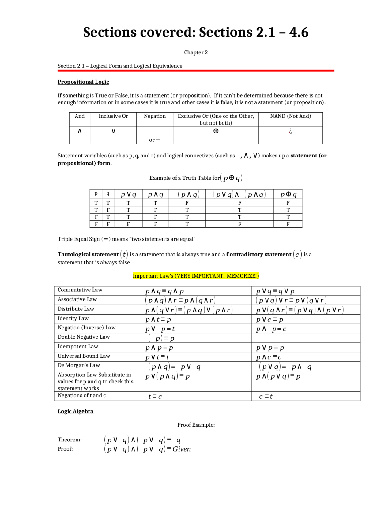 Exam 1 Review Sheet Introduction Discrete Mathematic Math 2534