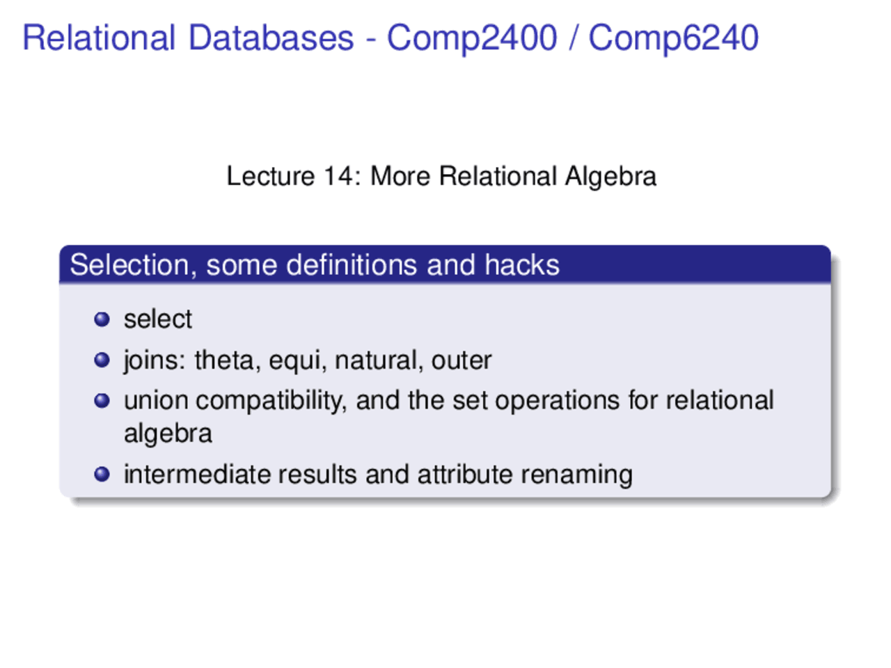 Relational Databases Lecture 11 Slides Computer Science Docsity