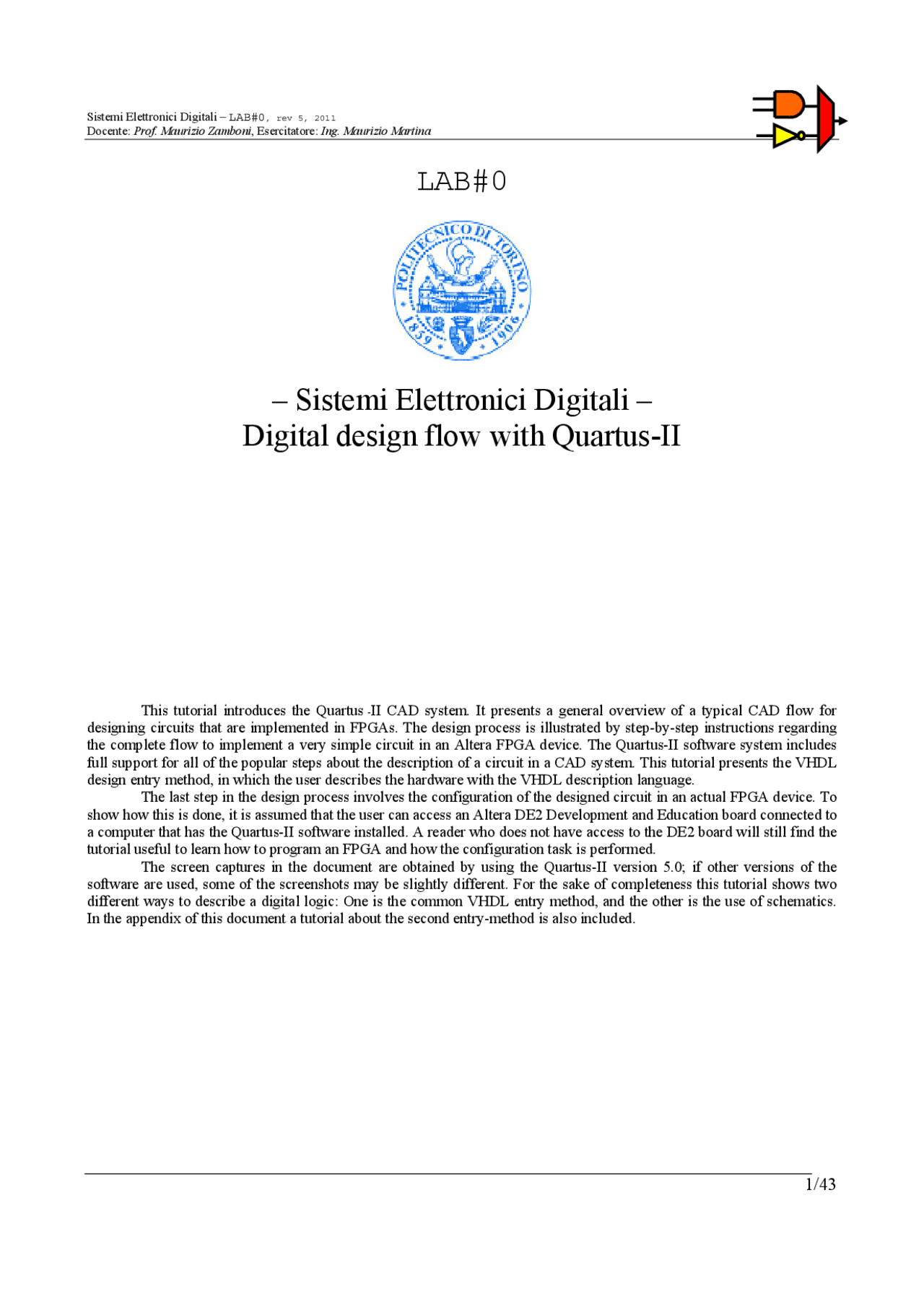 Lab0 digital design flow with quartus-ii rev6 - Docsity