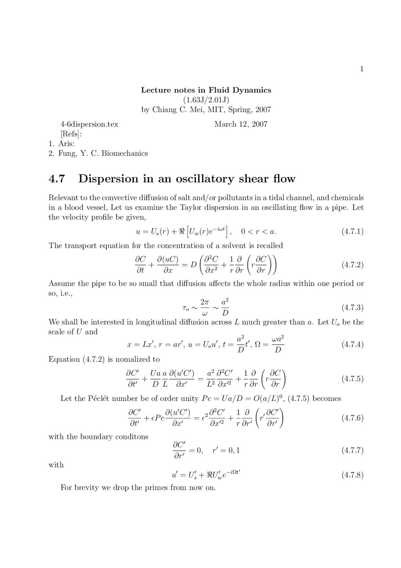 Dispersion In An Oscillatory Shear Flow Essay Fluid Dynamics Docsity