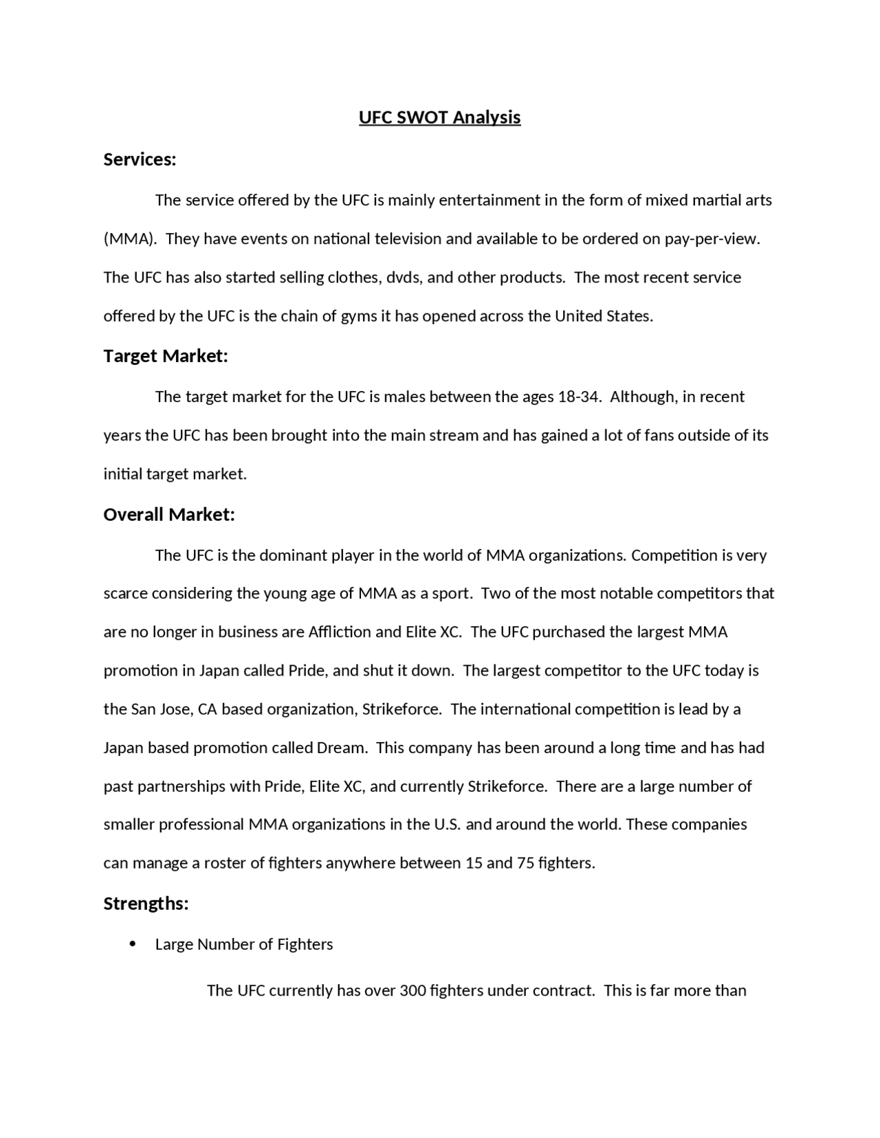 UFC SWOT Analysis Project Report | Principles of Marketing Management ...