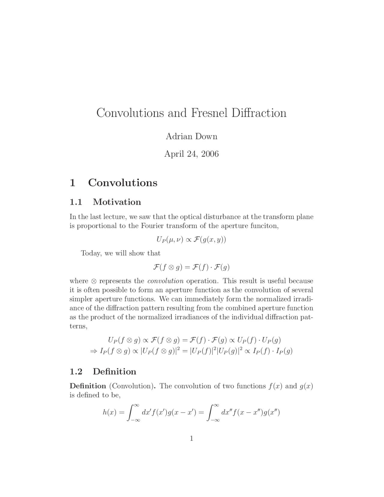 Convolutions and Frensel Diffraction - Essay - Physics - Docsity