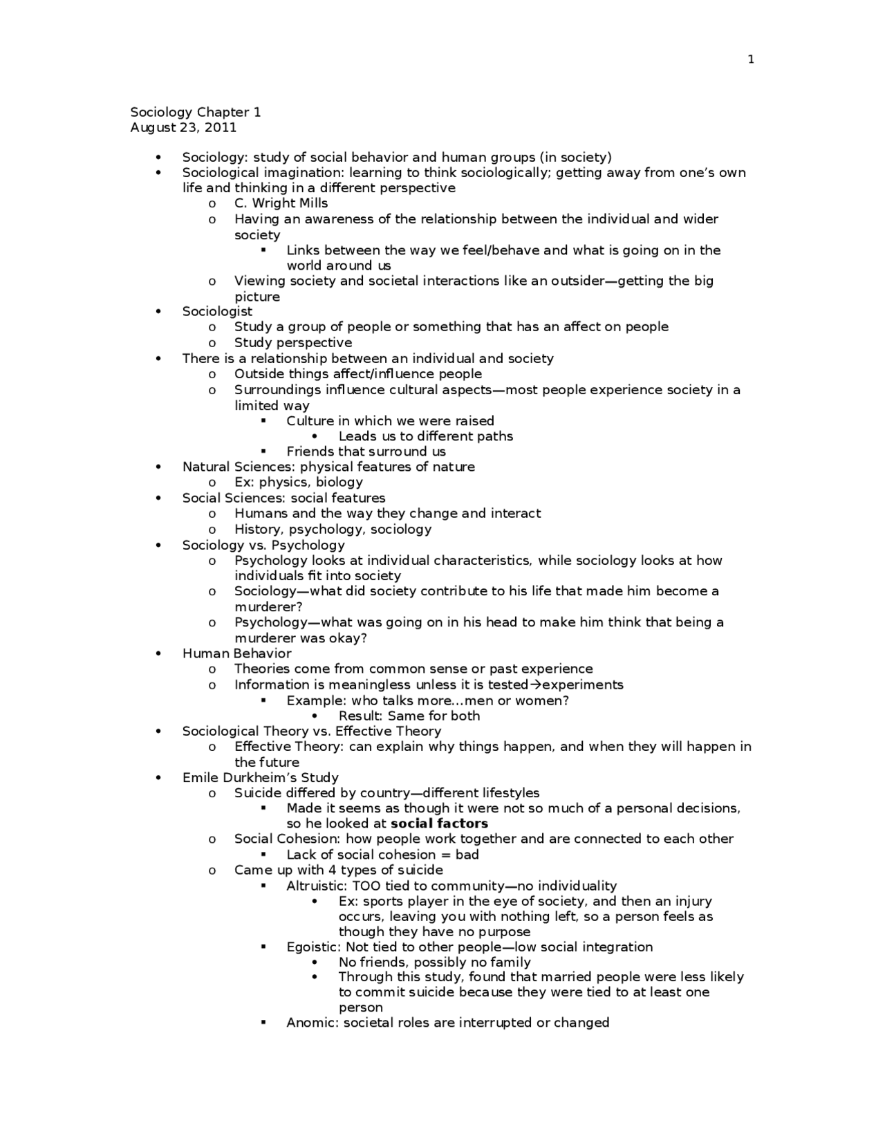 Sociology Lecture Notes for Exam 1 - Introduction to Sociology | SOCL ...