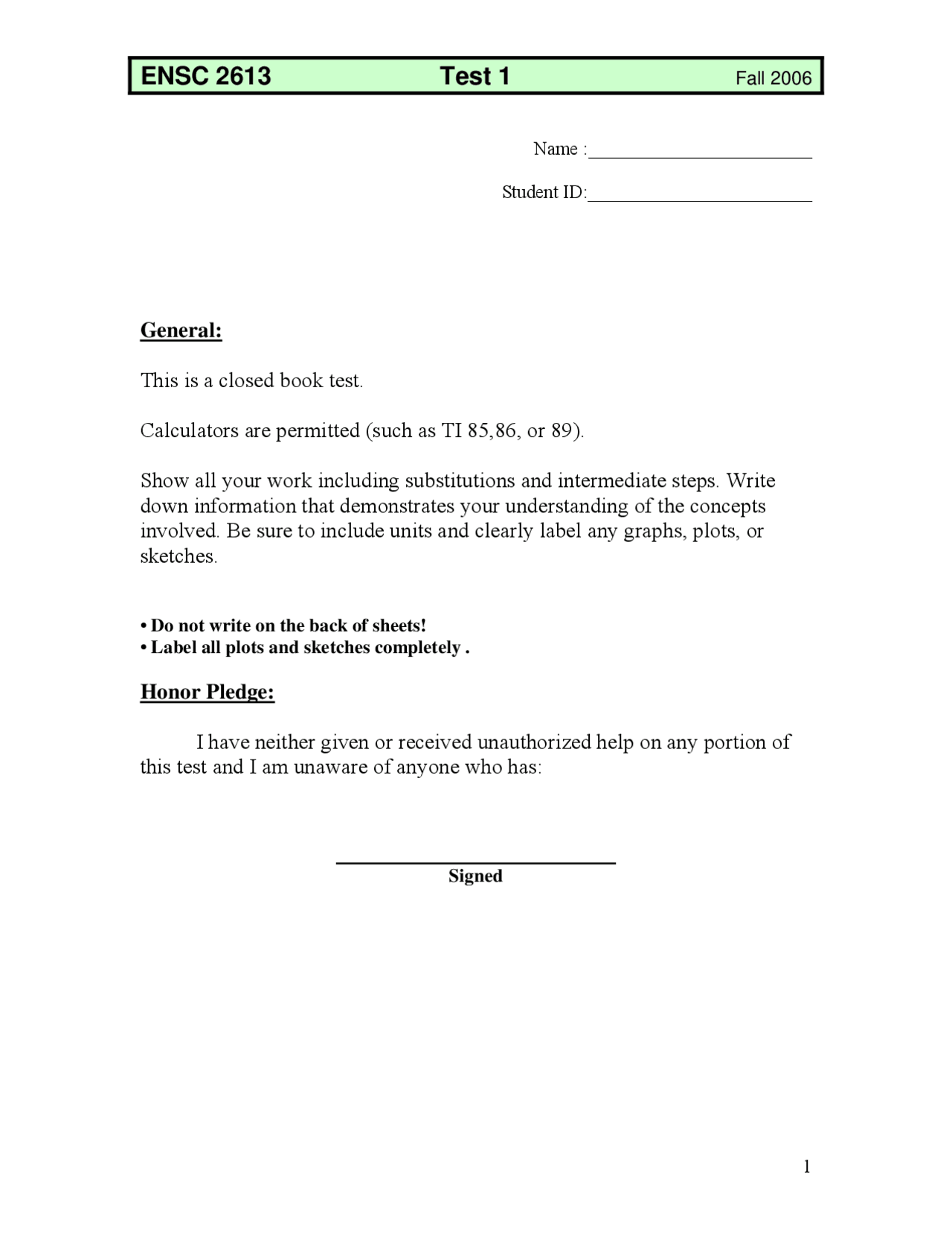 Test I Problems Introduction To Electrical Science Ensc 2613 Docsity