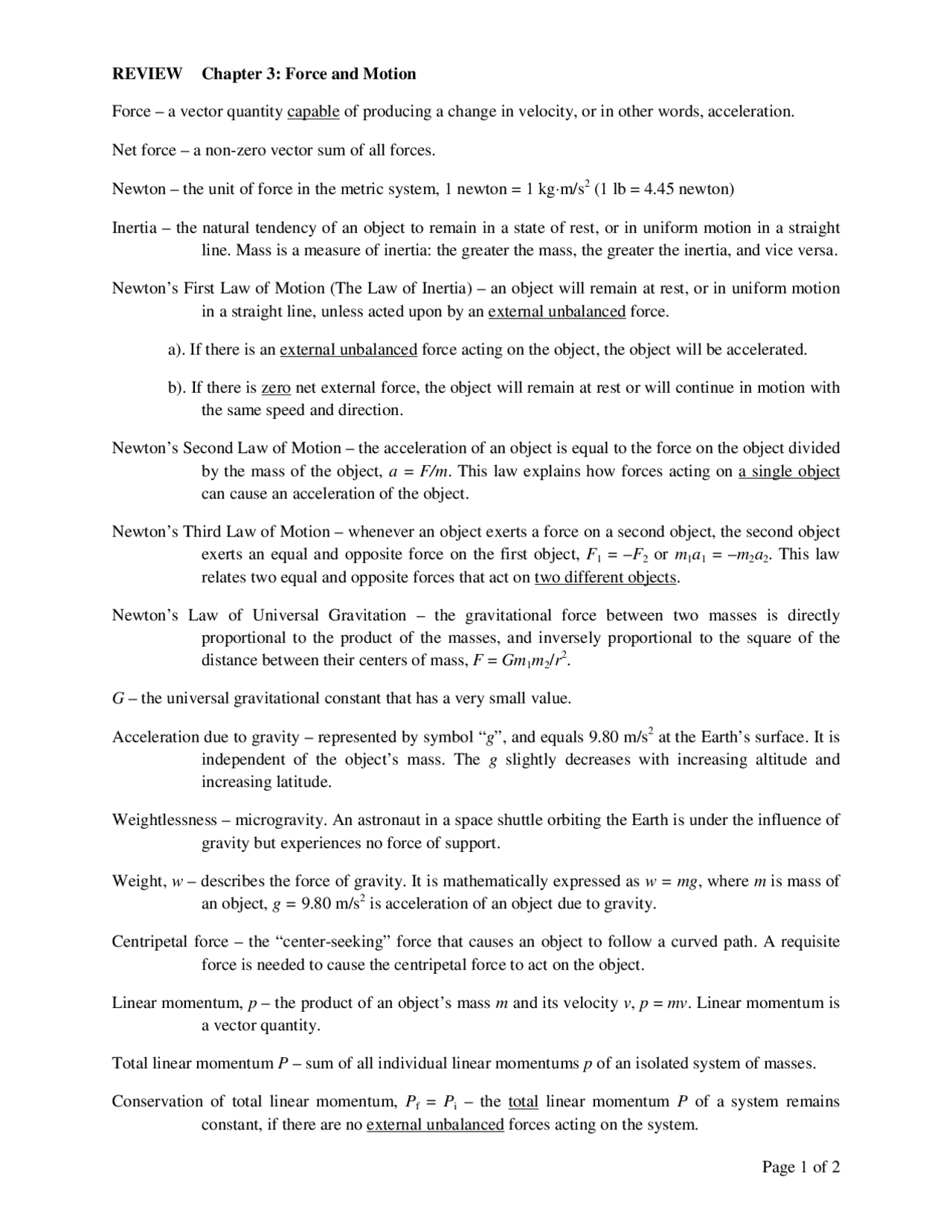 Force And Motion Topics In Physical Science Lecture Notes Psci