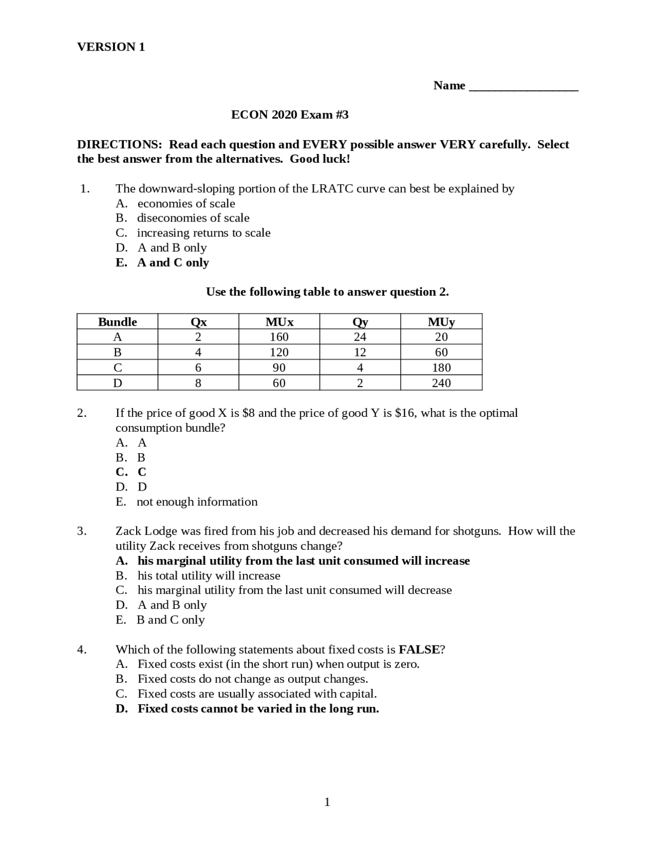 Solutions To Exam 3 Principles Of Microeconomics Econ 2020 Docsity