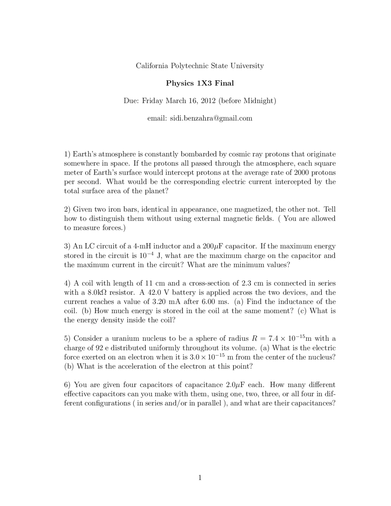 General Physics - Final Exam Paper | PHY 133 - Docsity