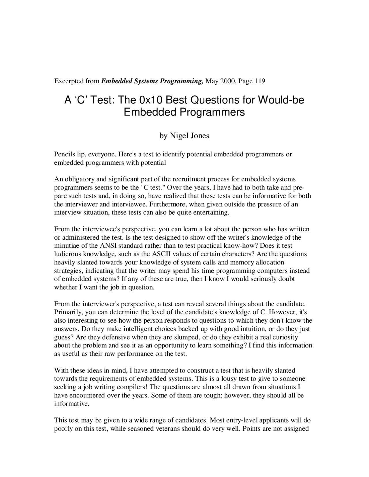 C Programmers Test Docsity