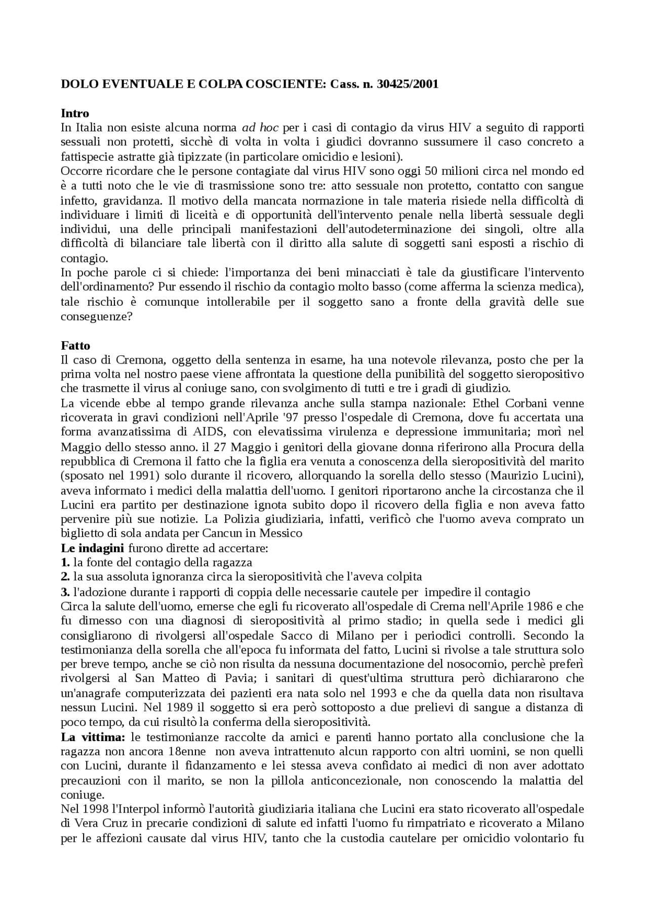 Dolo Eventuale e Colpa Cosciente: Cass. n. 30425/2001 - DIspensa ...