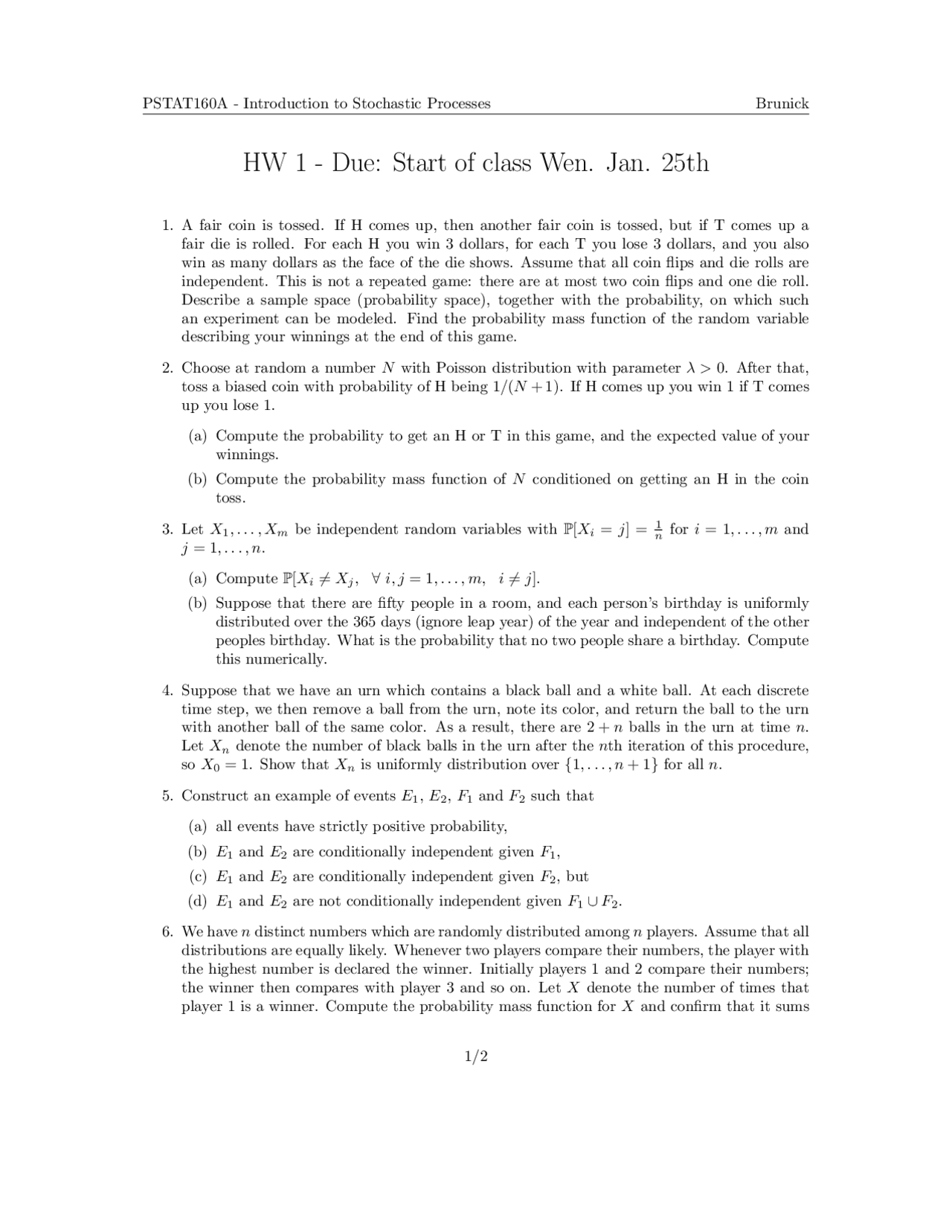 Homework 1 Questions Stochastic Processes Pstat 160a Docsity