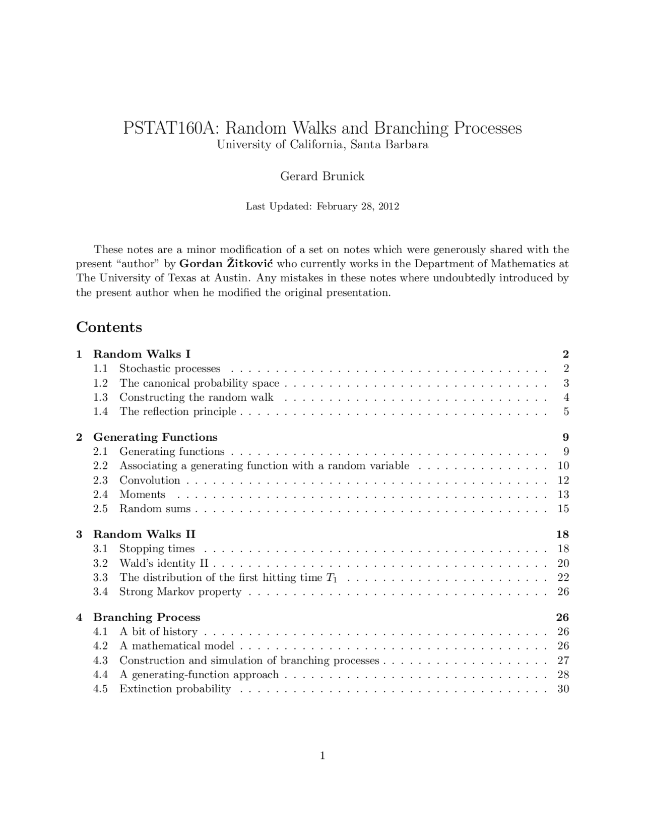 Random Walks And Branching Processes Stochastic Process Pstat 160a