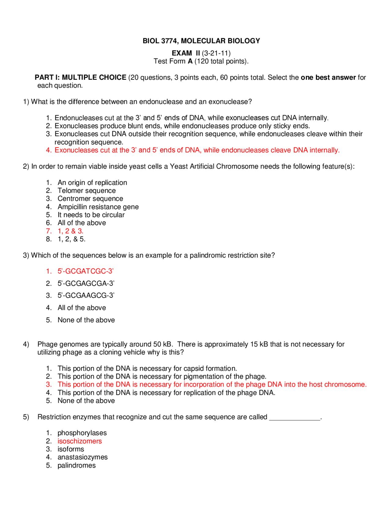 24 Questions on Molecular Biology Resolved Exam Paper | BIOL 3774 - Docsity