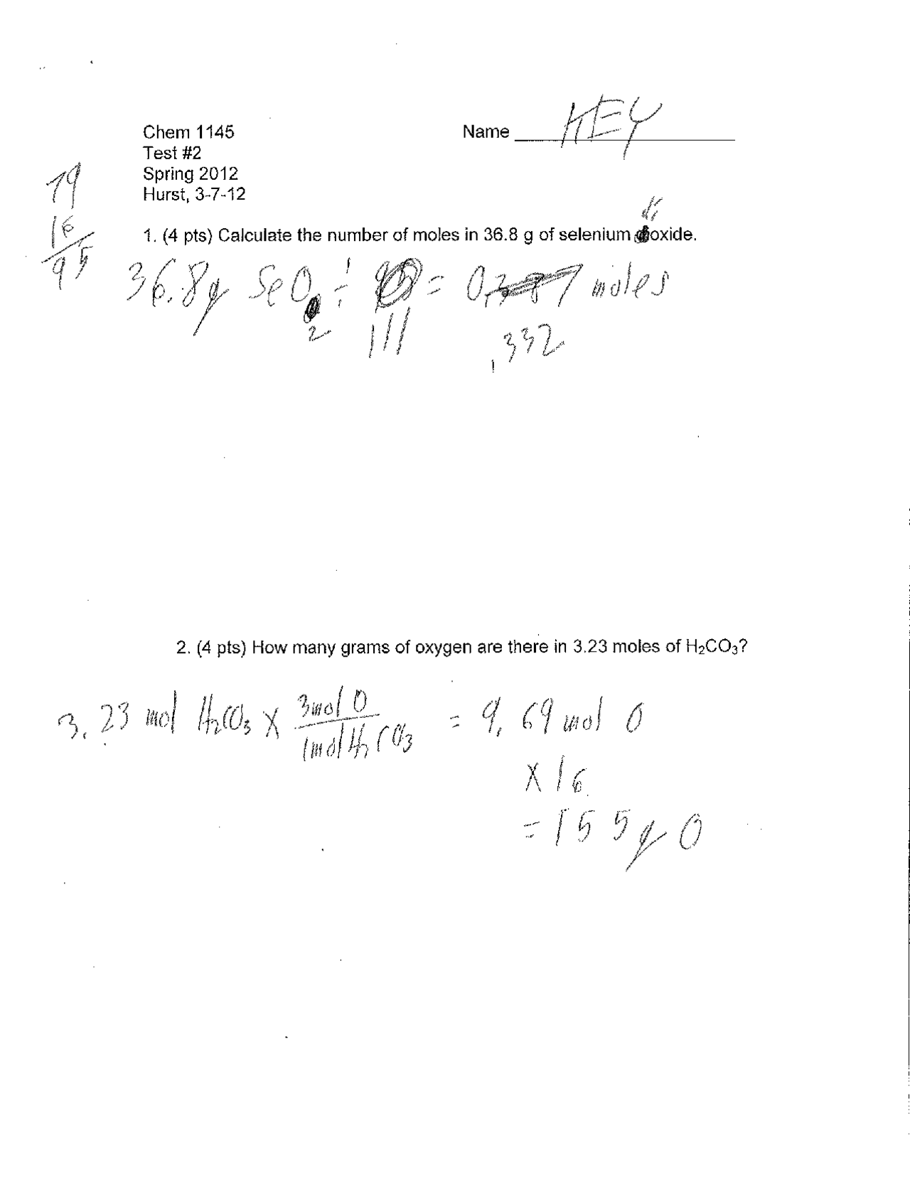 Test 2 with Solution Key - Principles of Chemistry I Lab | CHEM 1145 ...