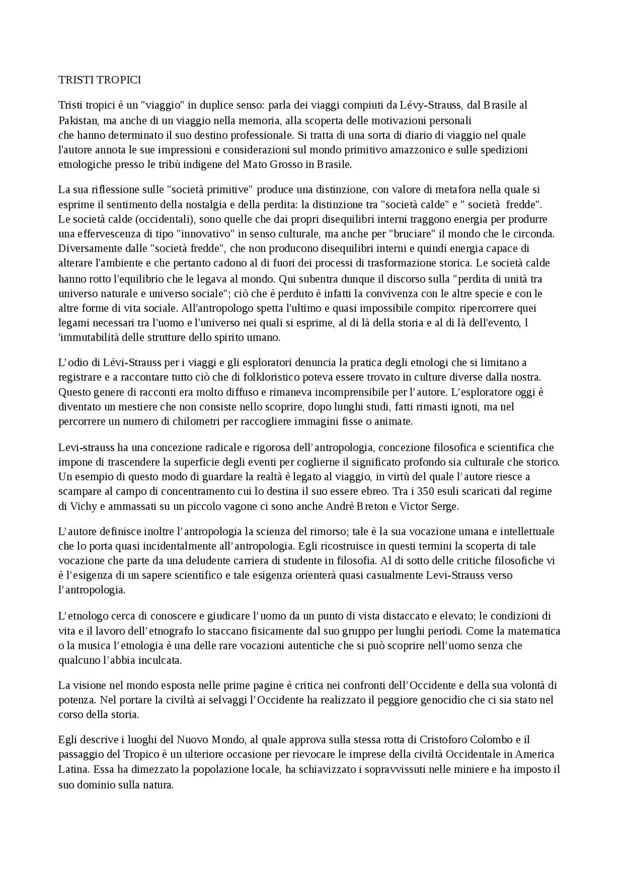 Tristi Tropici Docsity