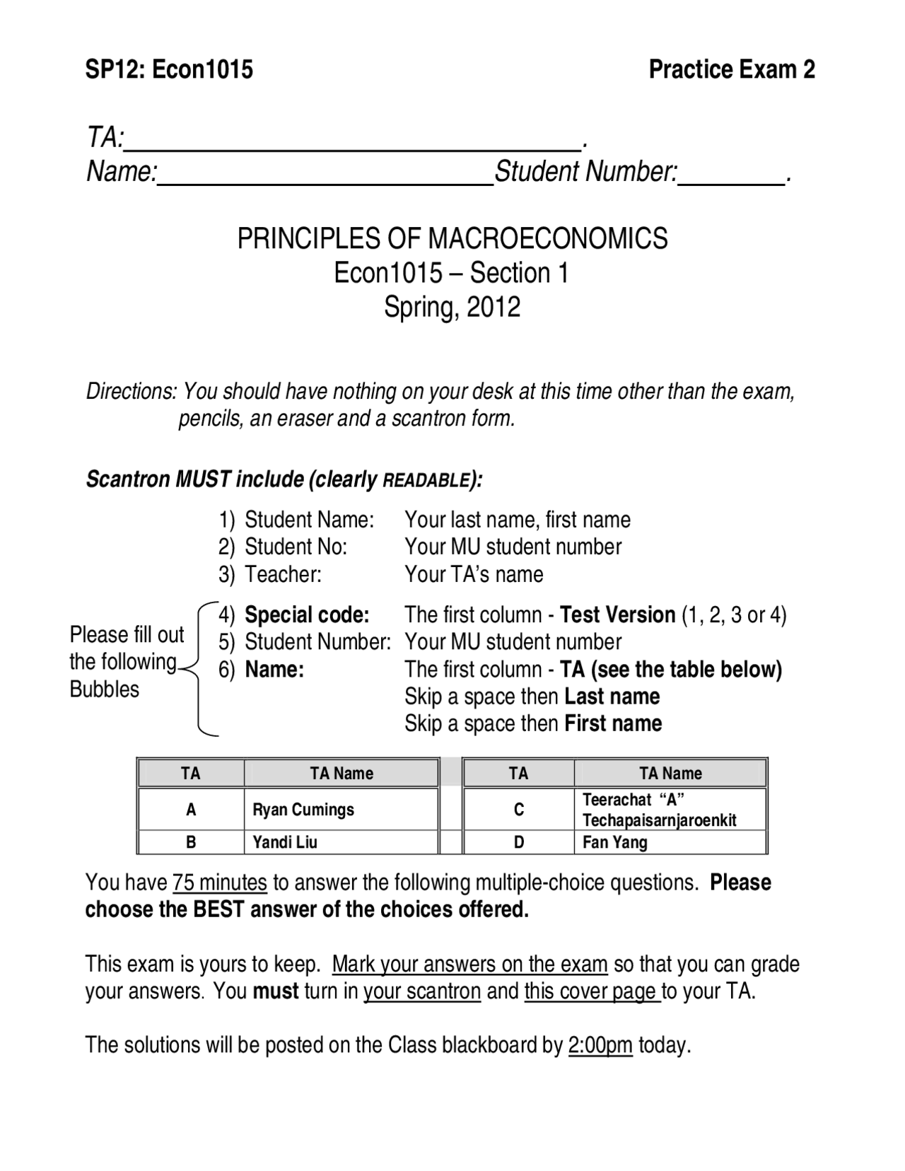 Practice Exam 2 Principles Of Macroeconomics Econom 1015 Docsity