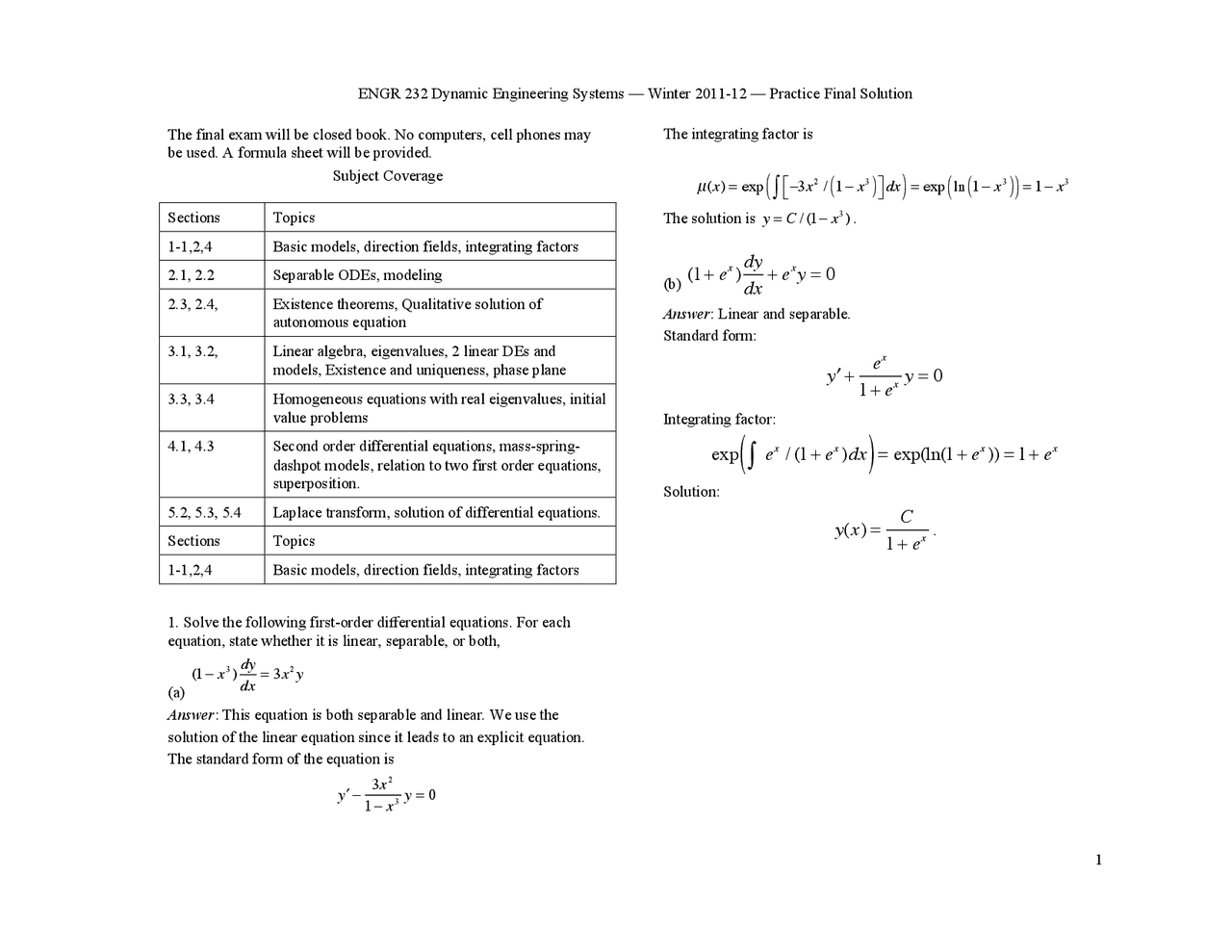Practice Final Solutions For Dynamic Engineering Systems Engr 232 Docsity 3350