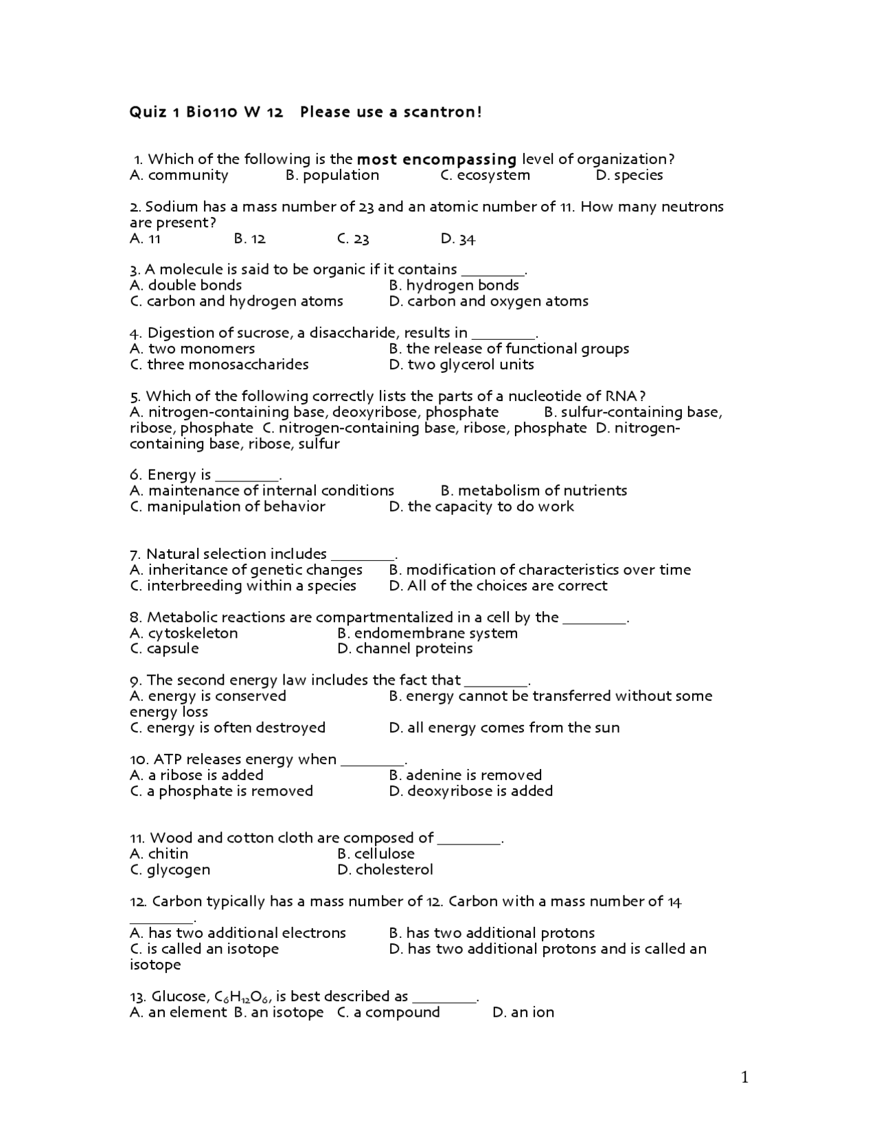 Practice Quiz 1 Multiple Choice Questions On Life Science Bio 110