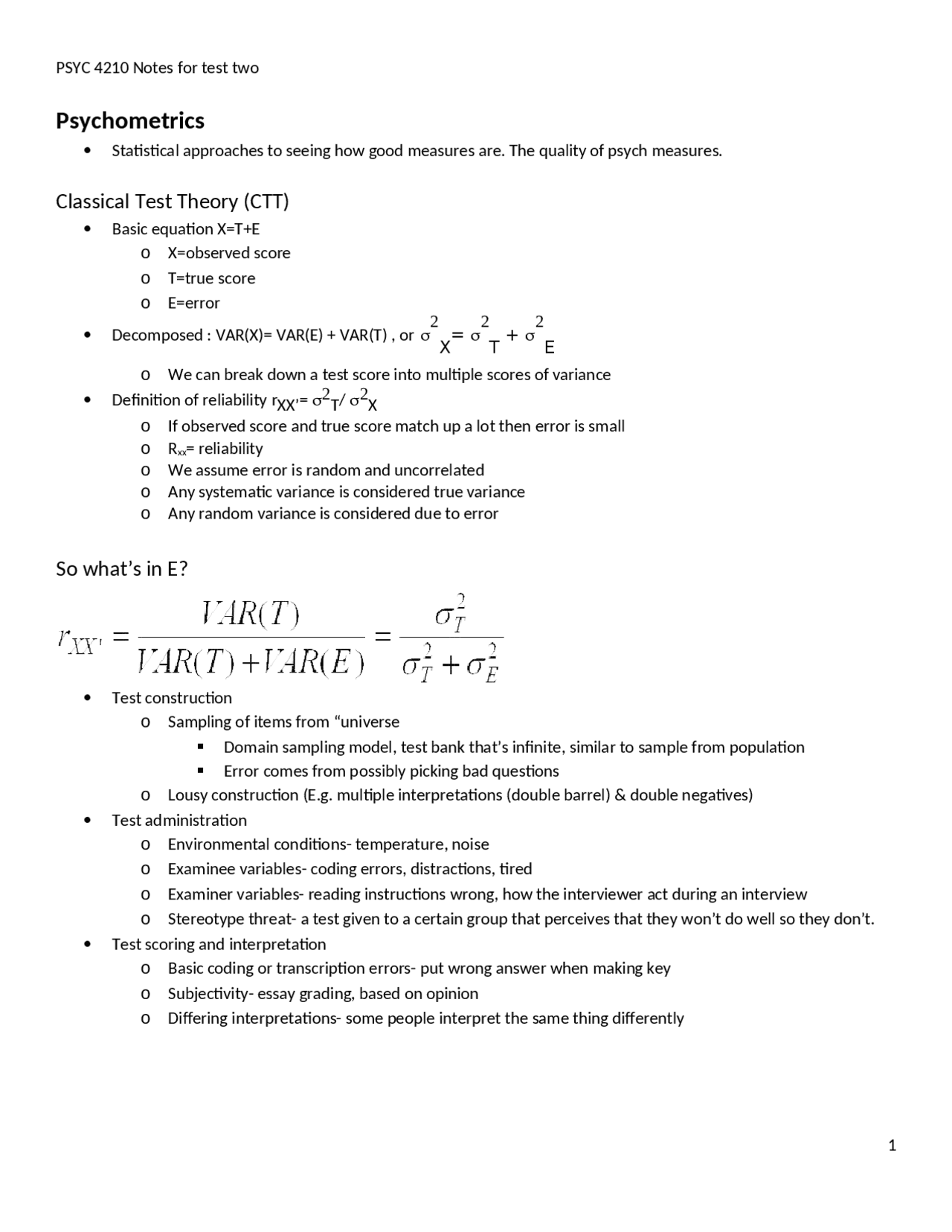 Test Two Notes Psychological Testing Psyc 4210 Docsity