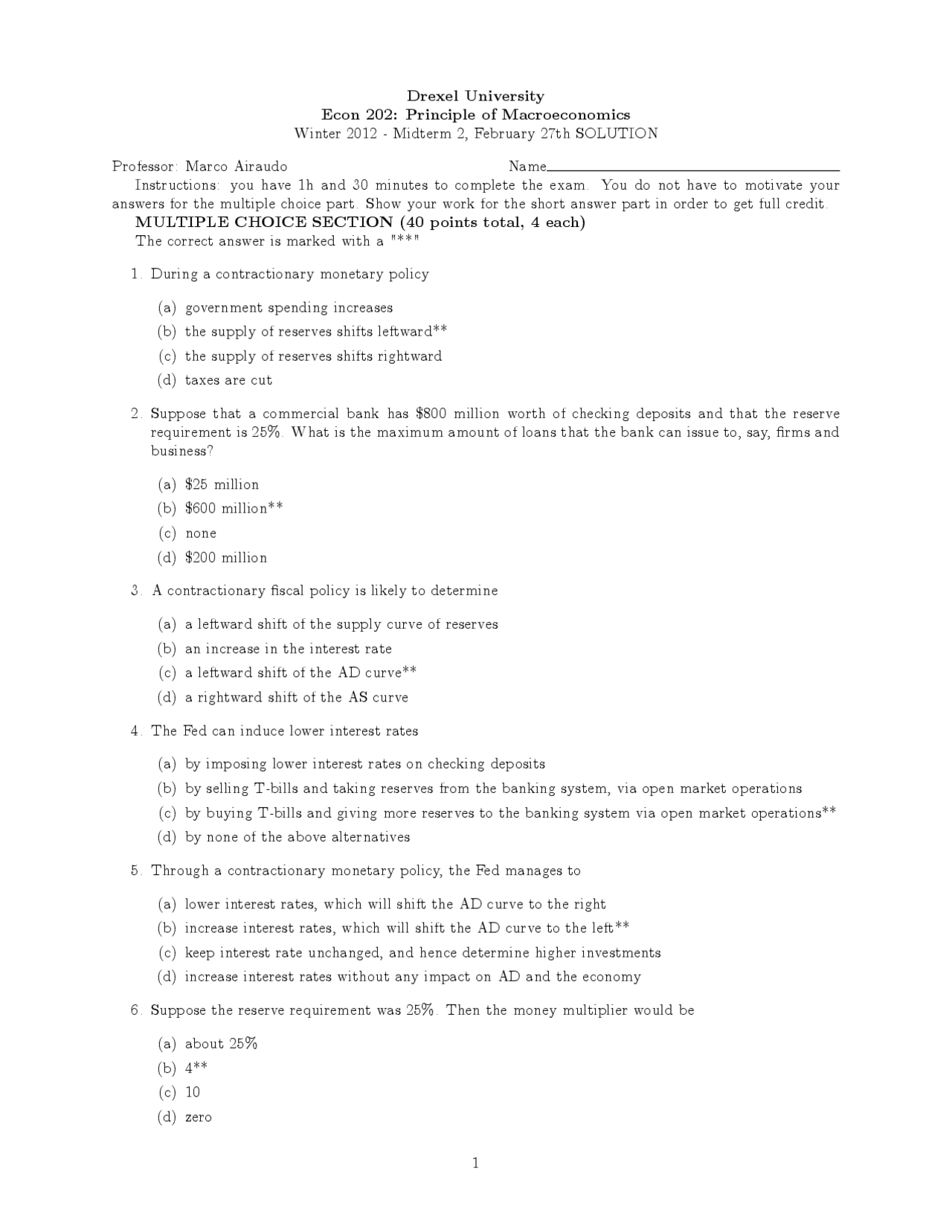 Exam Midterm 2 With Solution Principles Of Macroeconomics Econ 202 Exams Introduction To