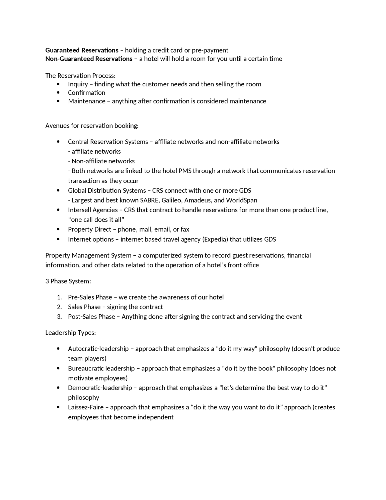 Notes on Guaranteed and Non-Guaranteed Reservations | HMGT 2100 | Study ...